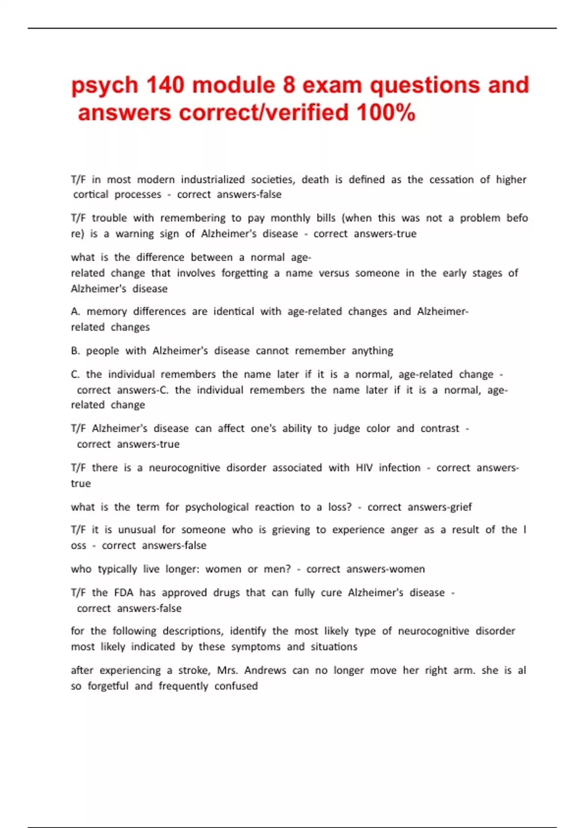 psych 140 module 8 exam questions and answers correct/verified 100% ...