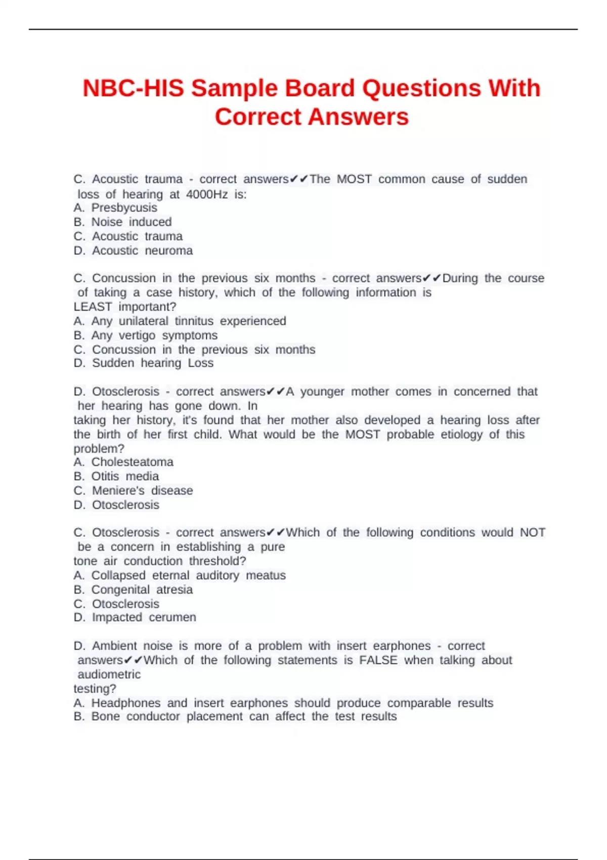 NBC-HIS Sample Board Questions With Correct Answers - NBC-HIS - National Board for Certification ...