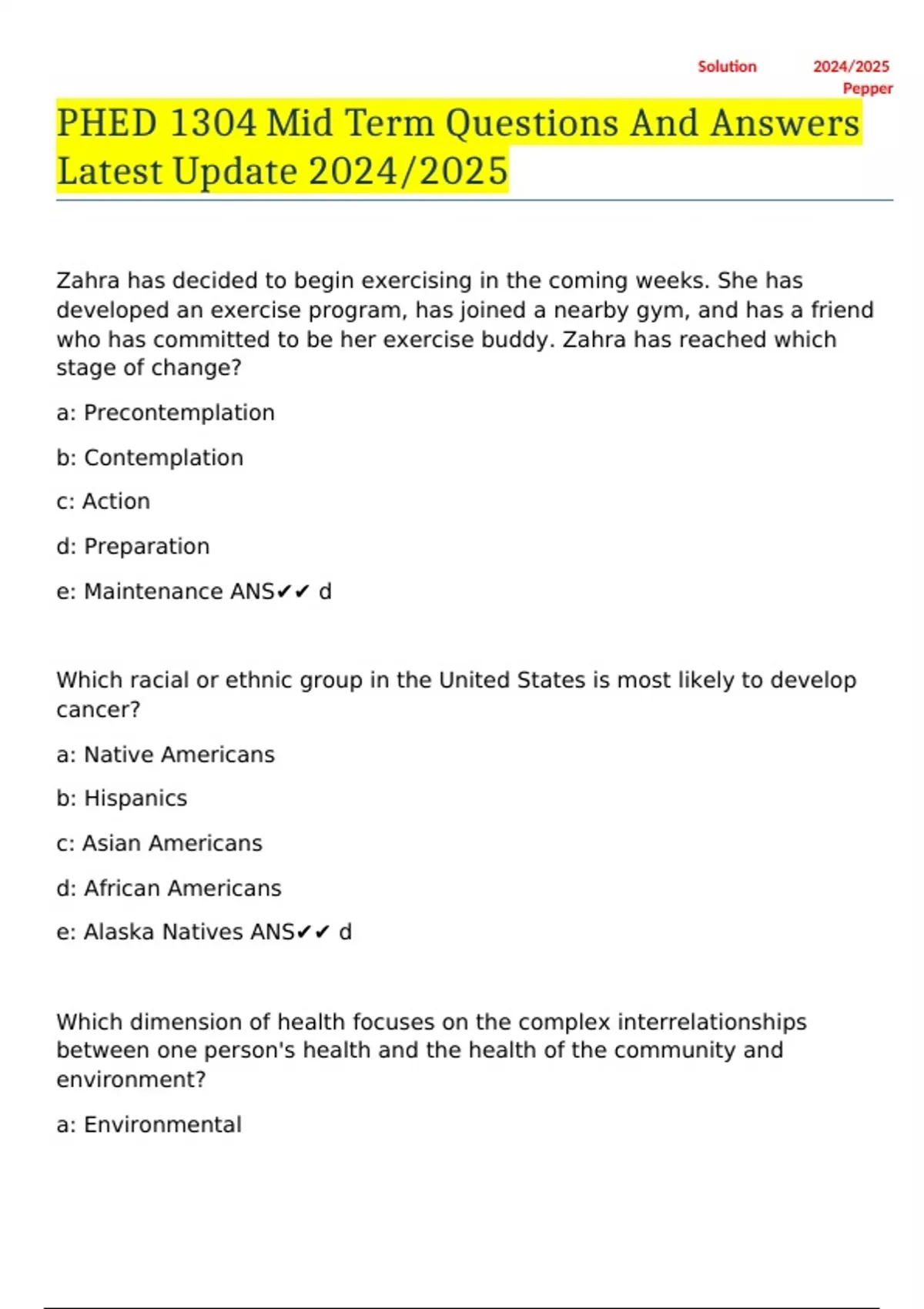 PHED 1304 Mid Term Questions And Answers Latest Update - PHED 1304 ...