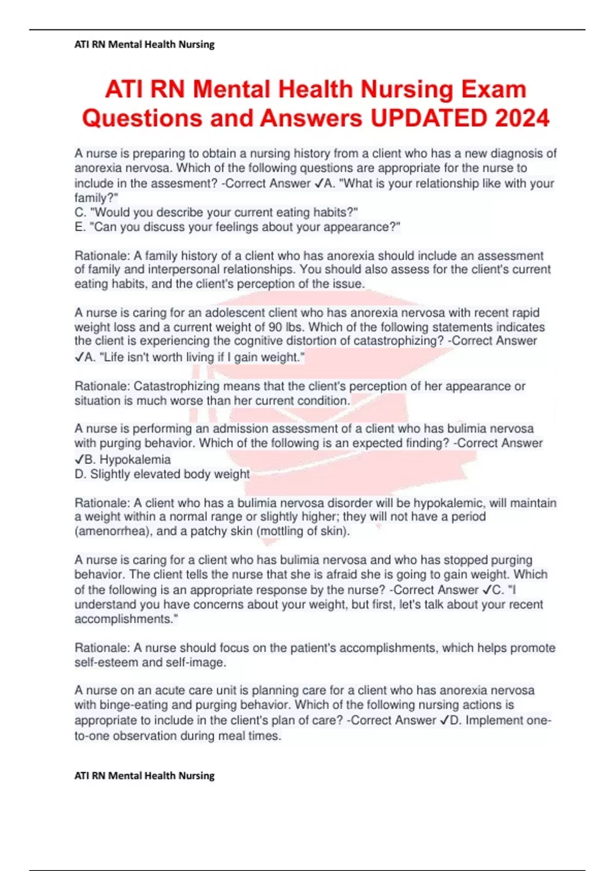 ATI RN Mental Health Nursing Exam Questions and Answers UPDATED 2024 ...