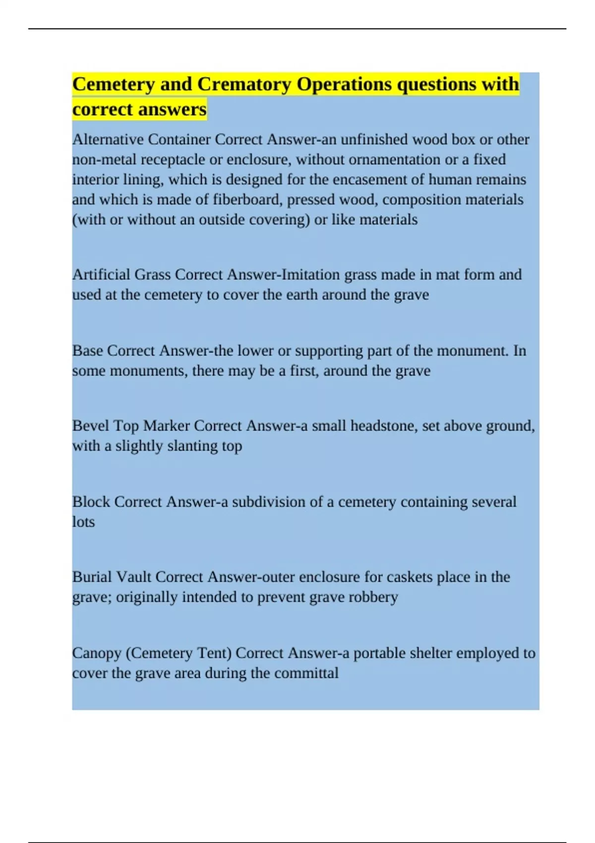 Cemetery and Crematory Operations questions with correct answers ...