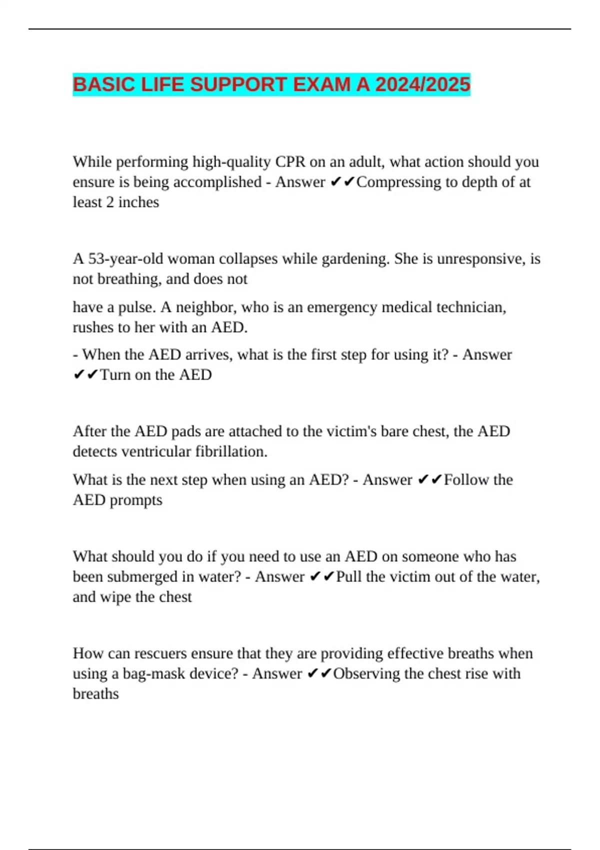 BASIC LIFE SUPPORT EXAM A 2024/2025 - BASIC LIFE SUPPORT - Stuvia US