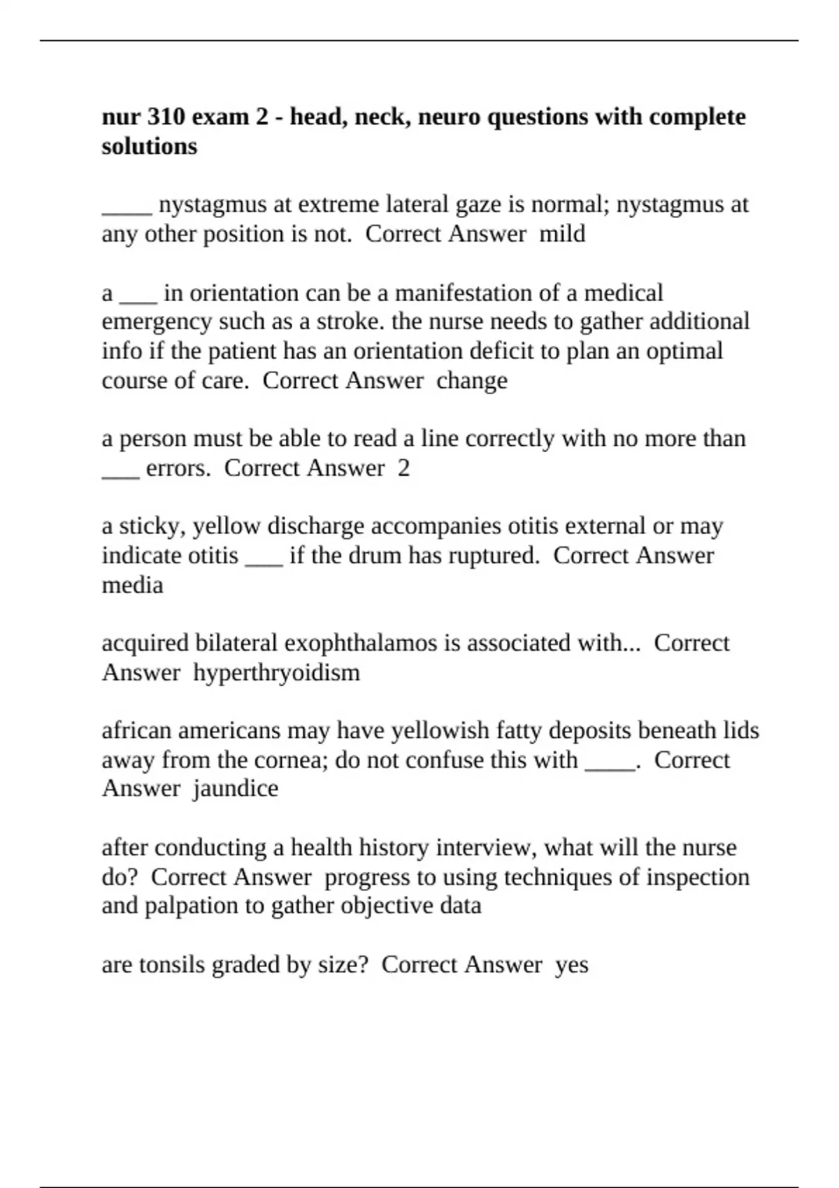 nur 310 exam 2 - head, neck, neuro questions with complete solutions ...