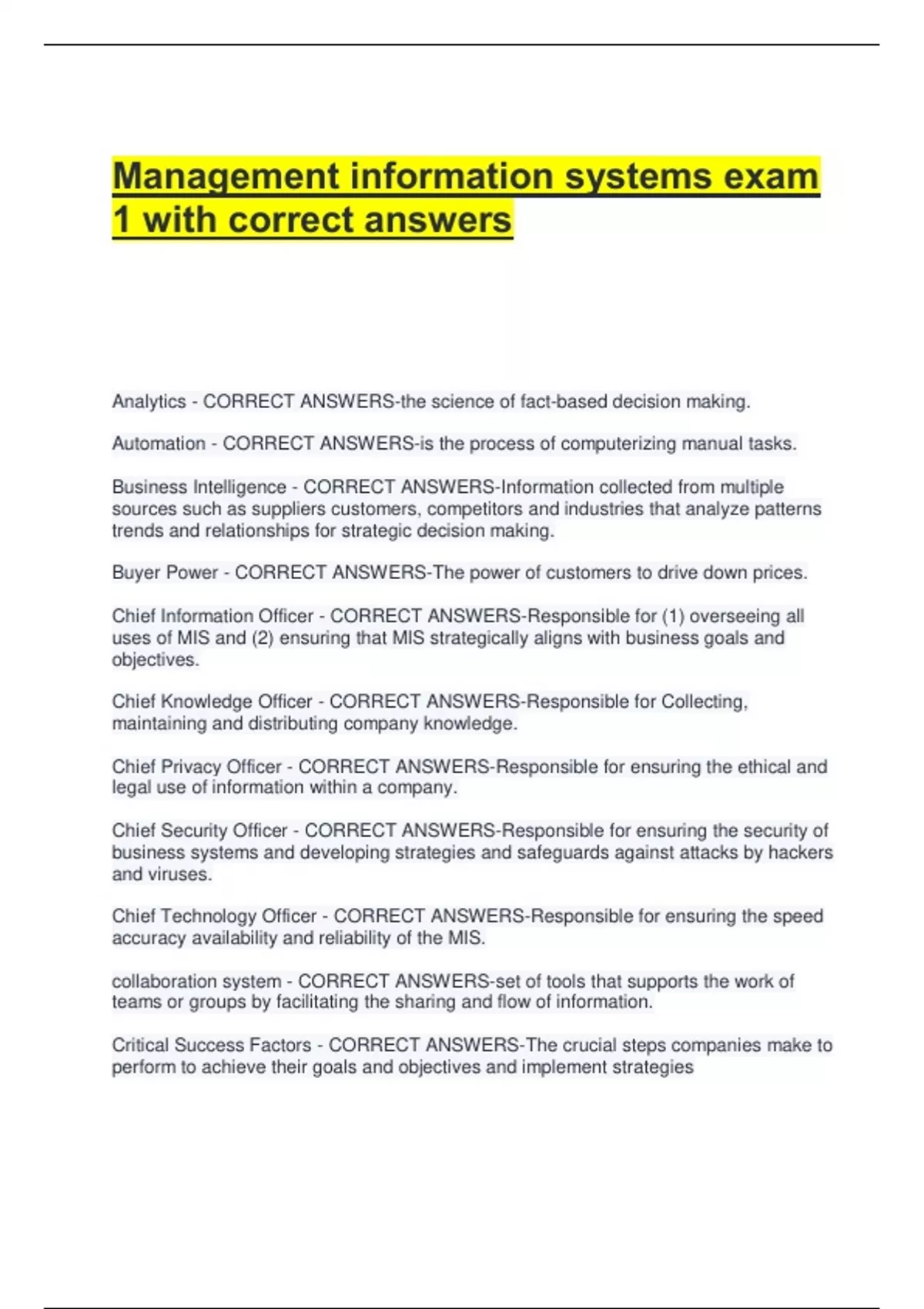 Management information systems exam 1 with correct answers - MIS - Stuvia US