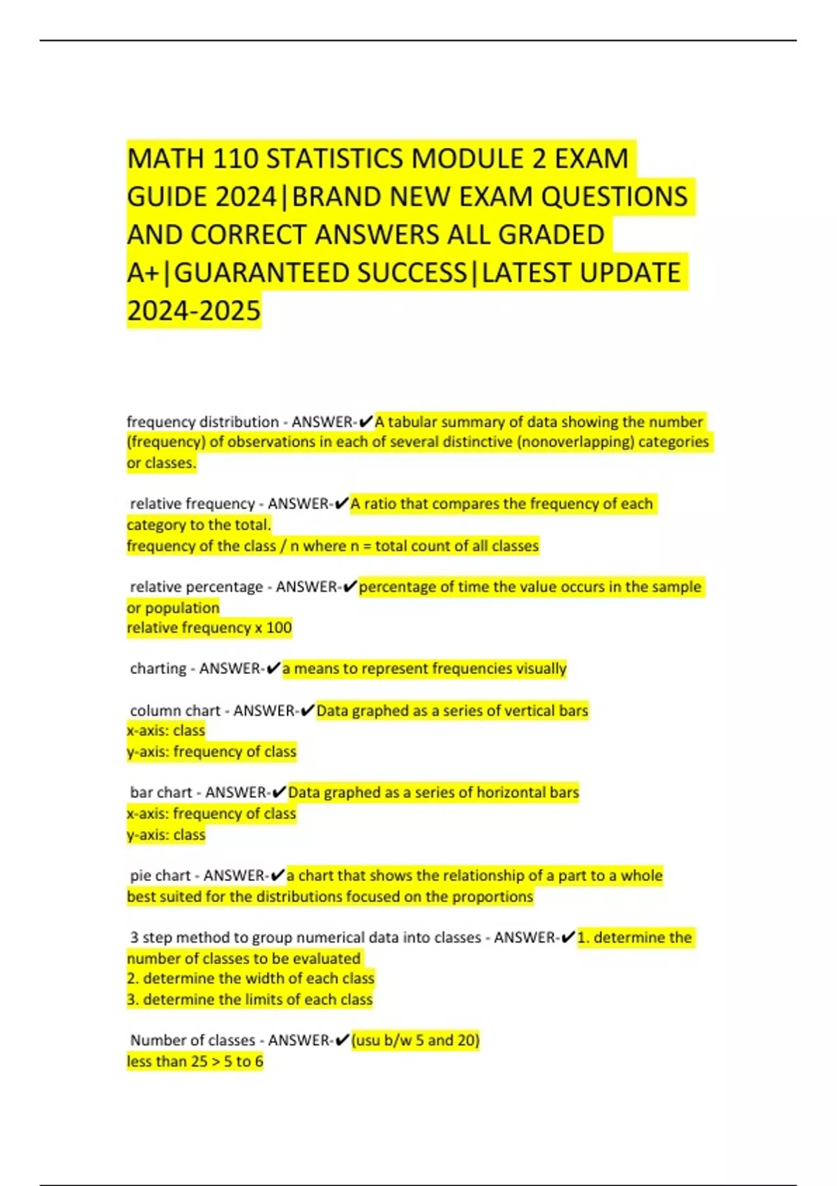 Math 110 Statistics Module 2 Exam Guide 2024 Brand New Exam Questions And Correct Answers All