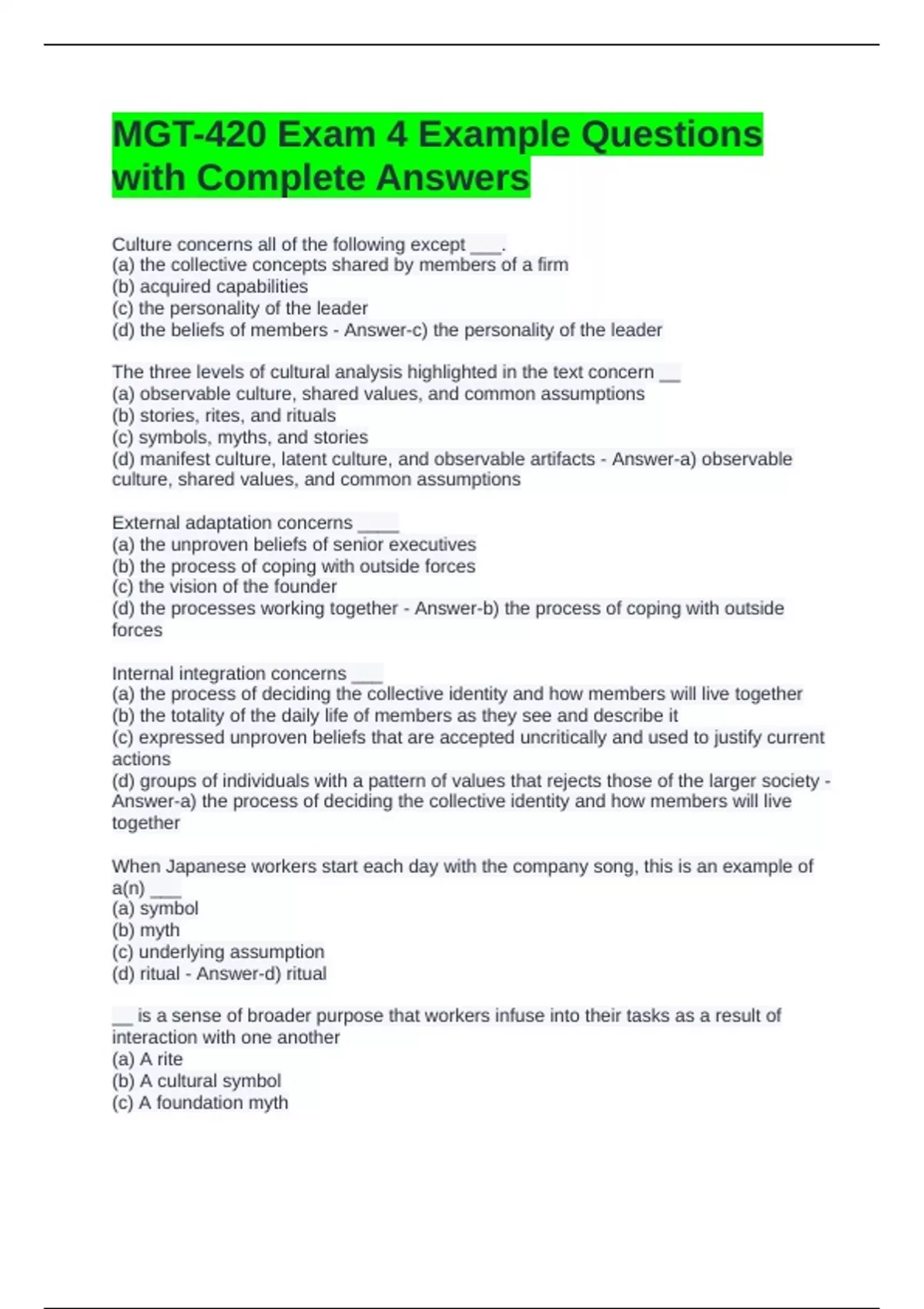 MGT-420 Exam 4 Example Questions with Complete Answers - MGT420 - Stuvia US