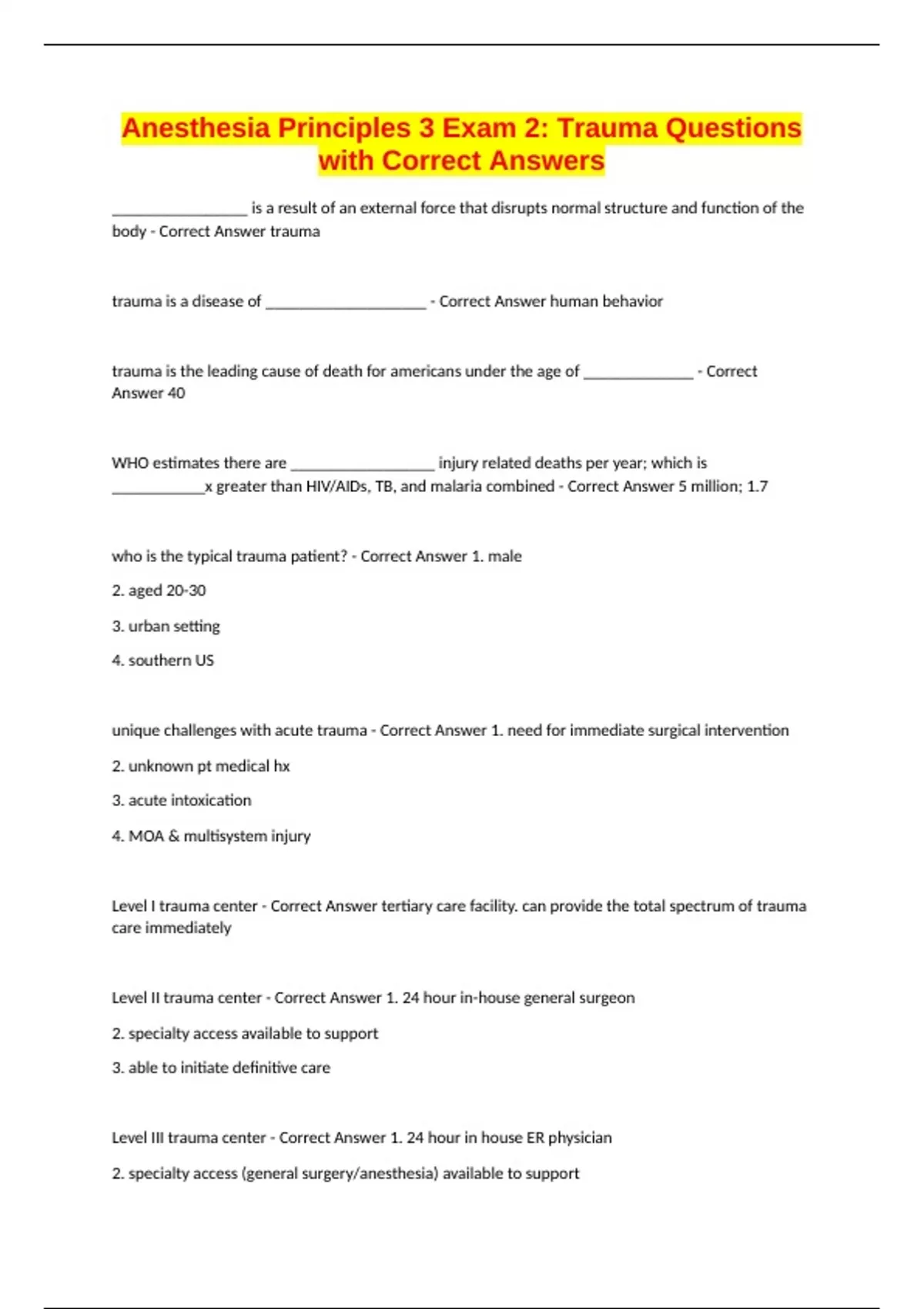 Anesthesia Principles 3 Exam 2: Trauma Questions with Correct Answers ...