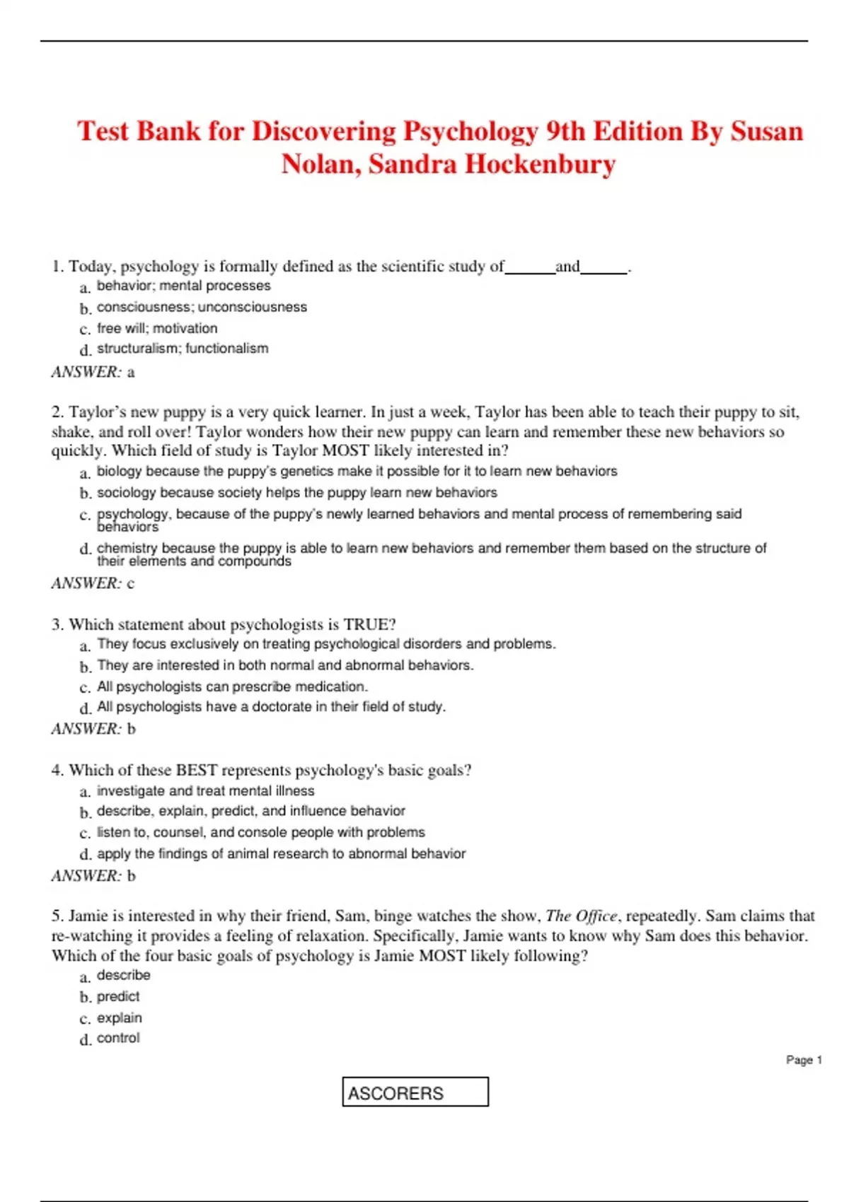 Test Bank for Discovering Psychology 10th Edition Isbn No ...