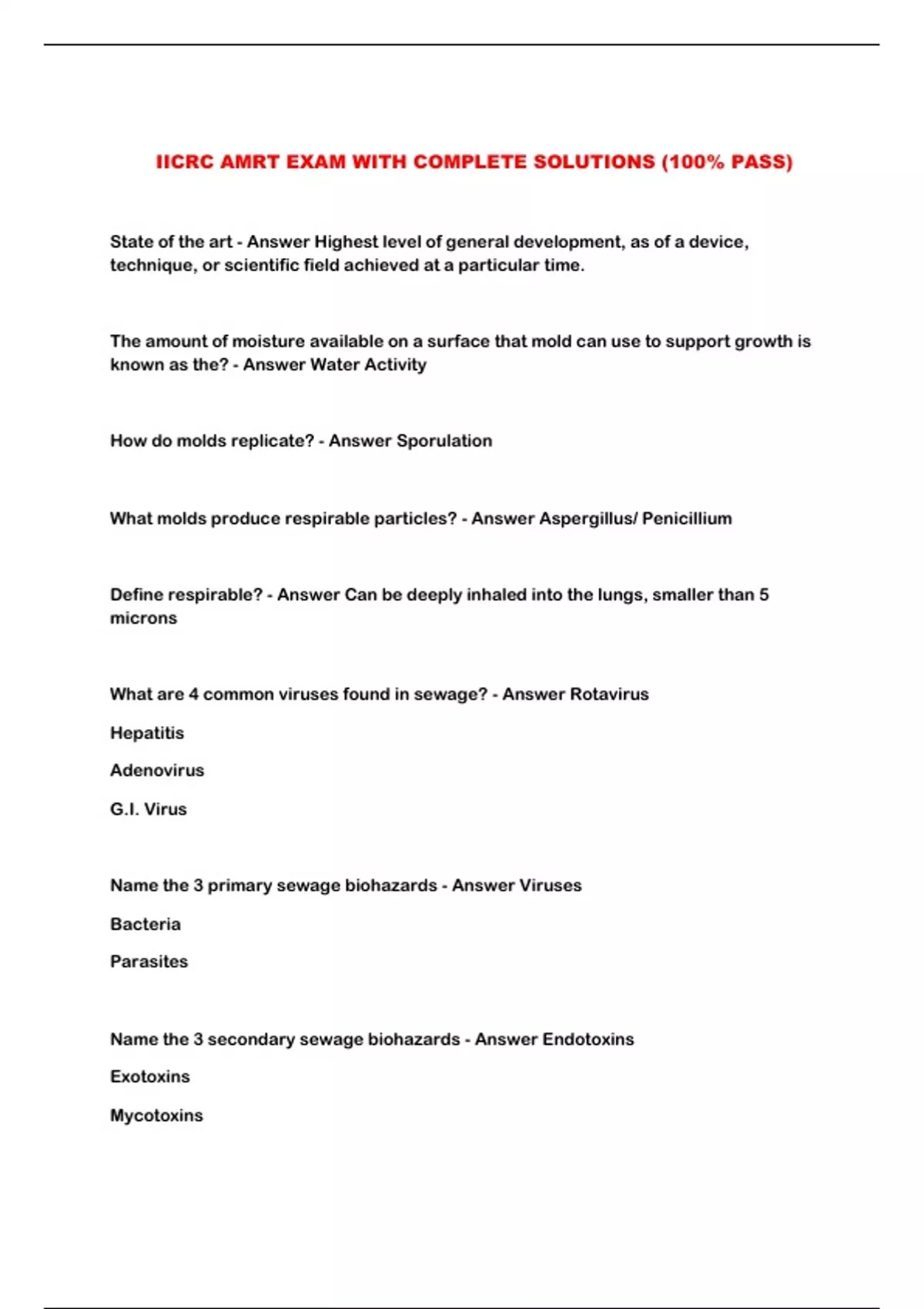 IICRC AMRT EXAM WITH COMPLETE SOLUTIONS (100% PASS) - IICRC AMRT ...