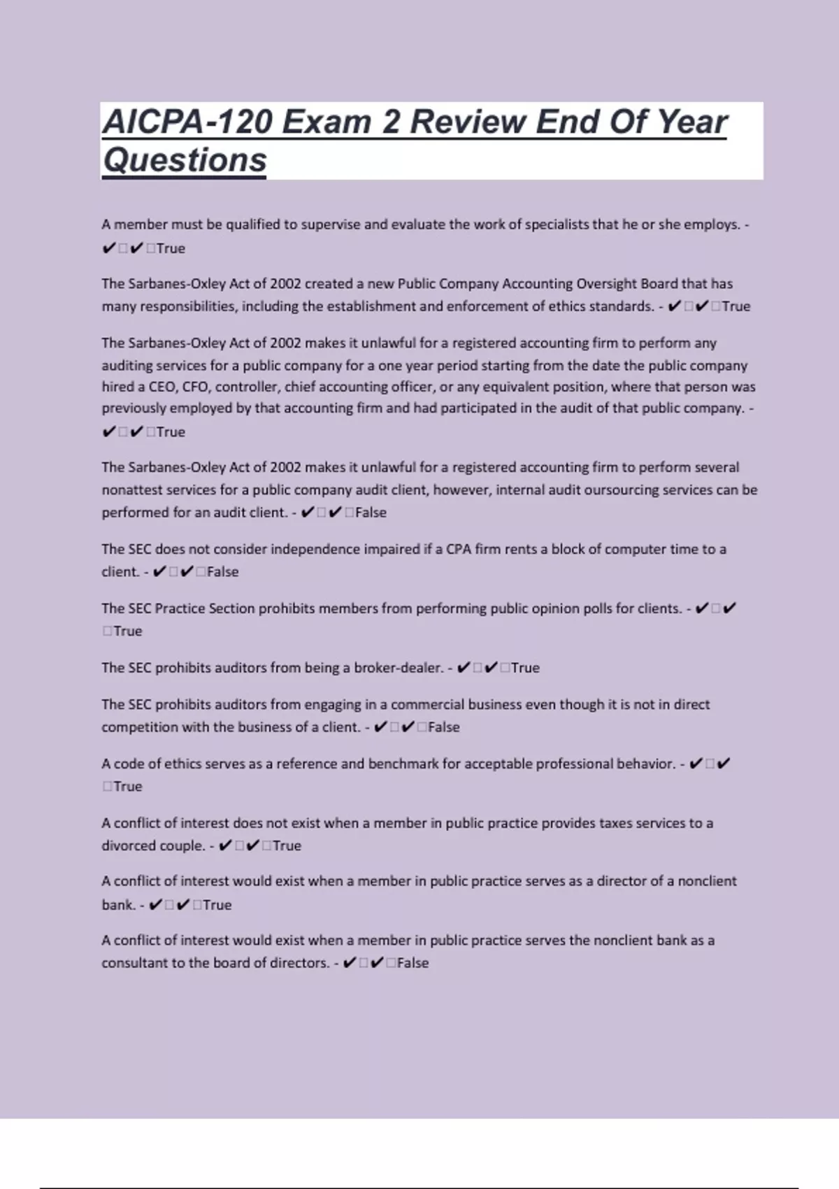 AICPA-120 Exam 2 Review End Of Year Questions| With Answers - AICPA ...