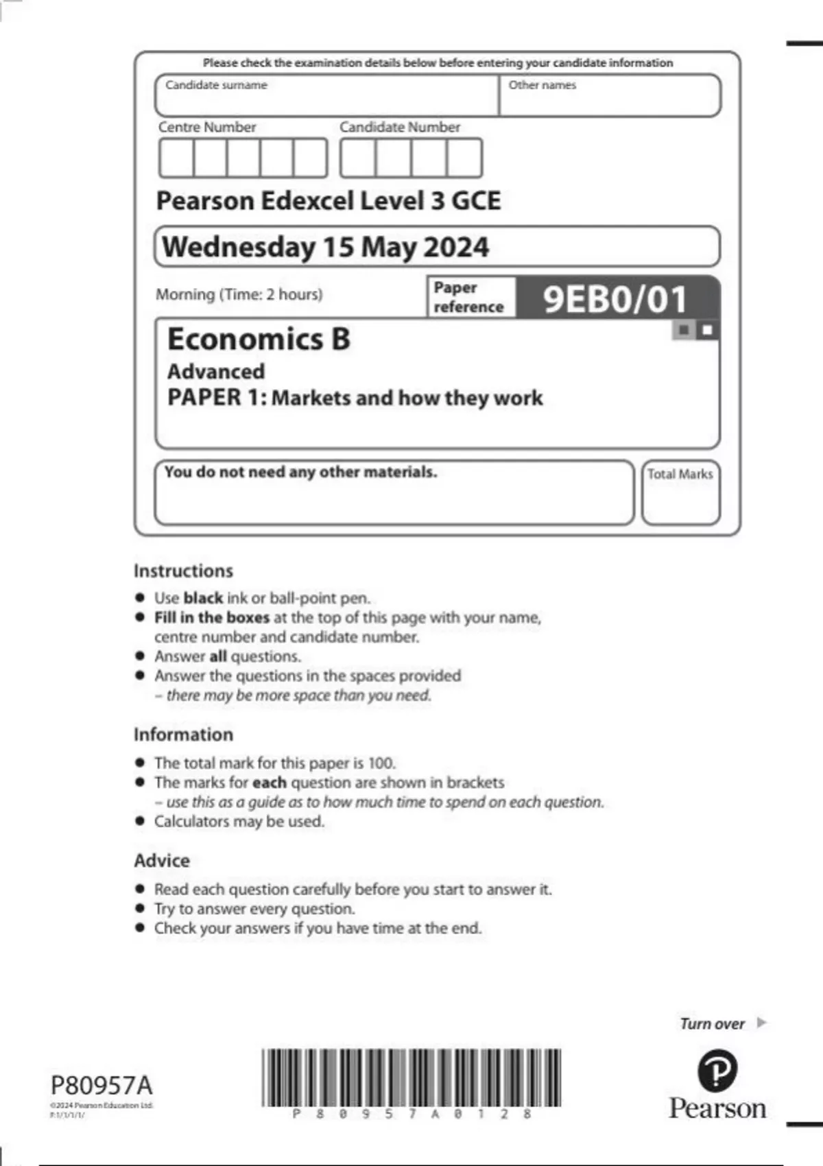 EDEXCEL 9EB0 01 Paper 1: question-paper Markets and how they work May ...