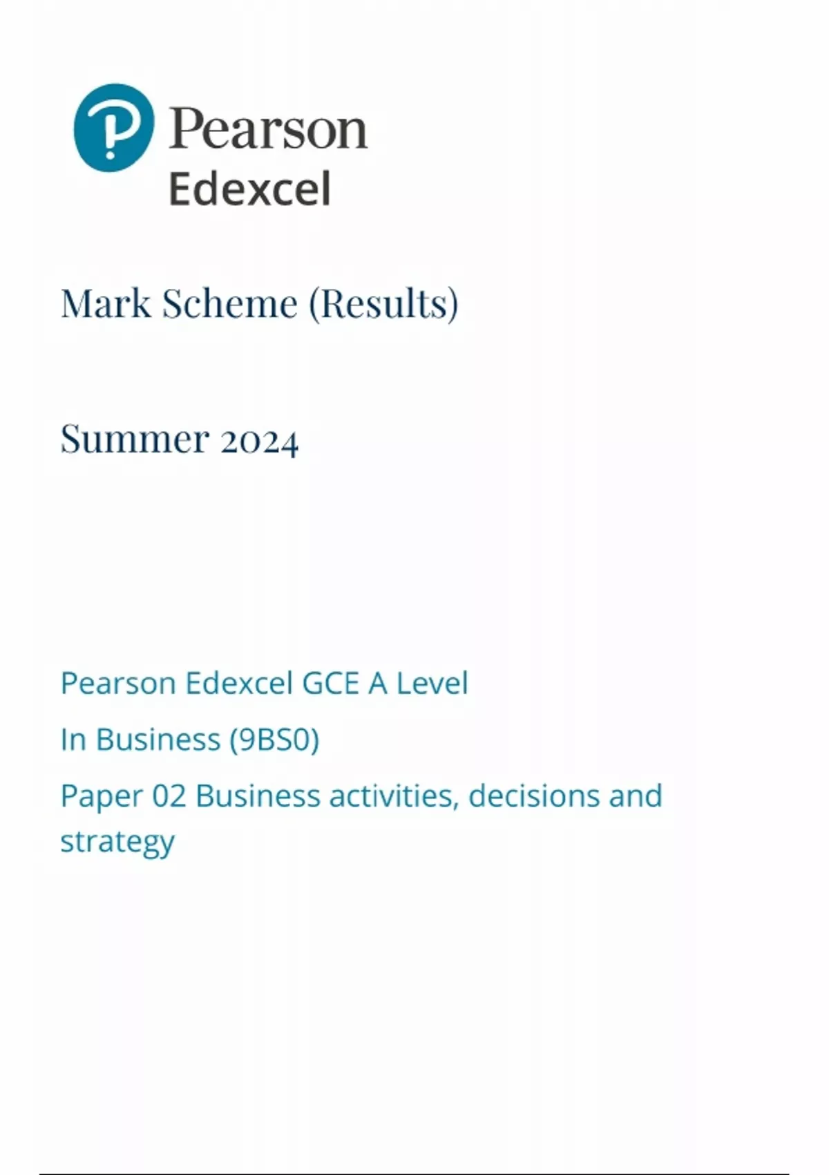 2024 PEARSON EDEXCEL GCE A LEVEL BUSINESS PAPER 2 (9BS0/02 - 2024 ...