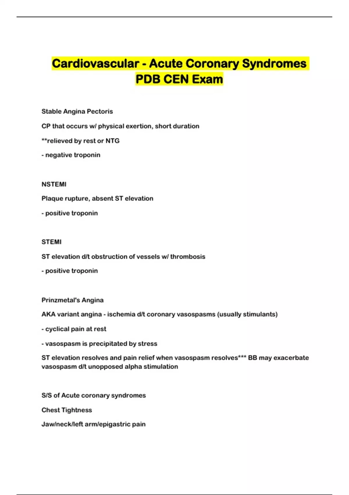 Cardiovascular - Acute Coronary Syndromes PDB CEN Exam - Cardiovascular ...