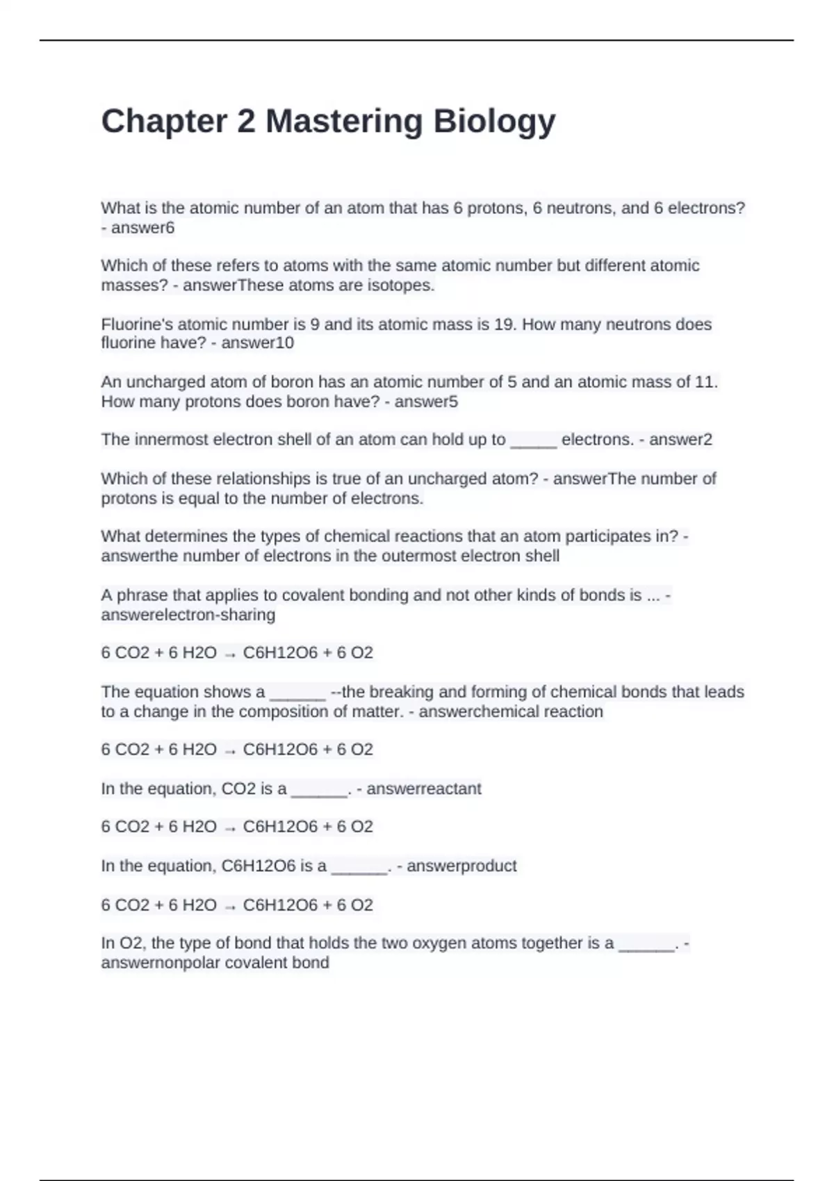 Chapter 2 Mastering Biology Questions and Answers Fully Solved ...