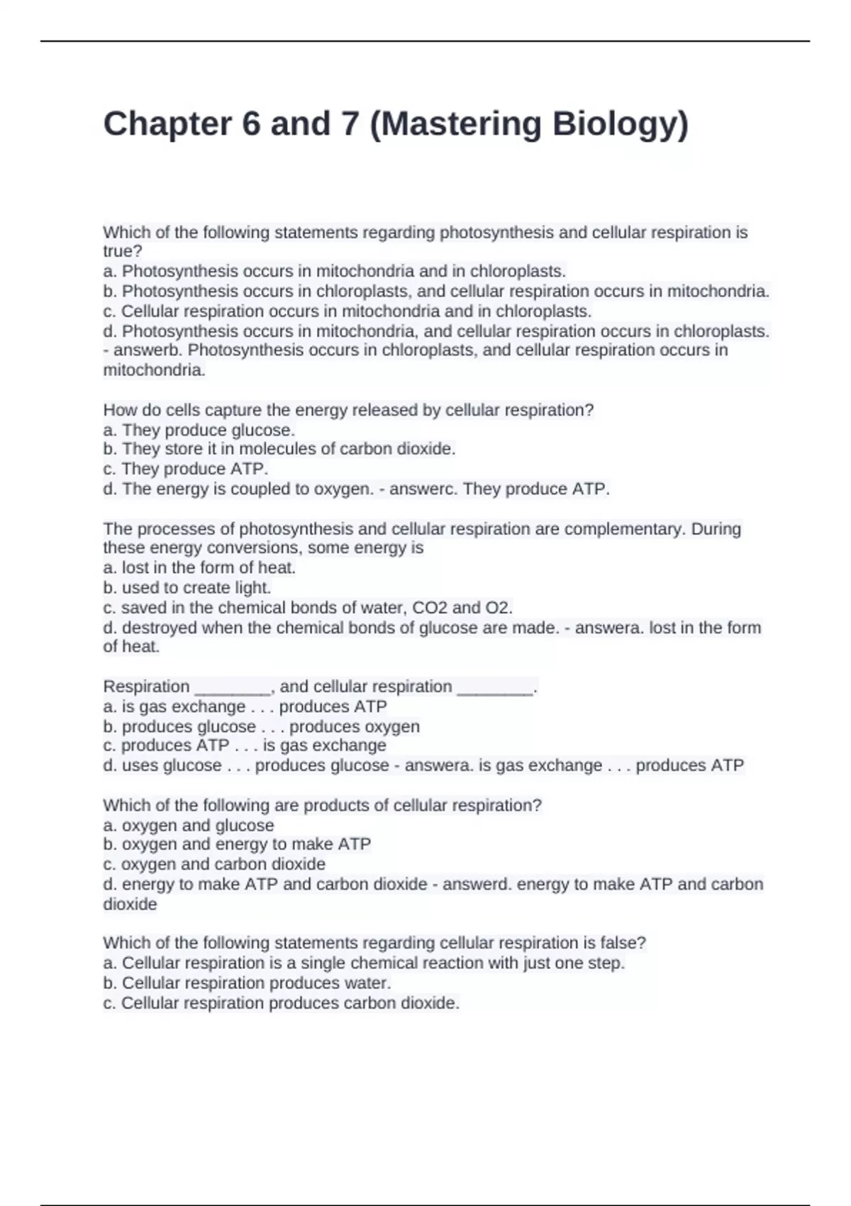 Chapter 6 and 7 (Mastering Biology) Questions and Answers 2024 ...