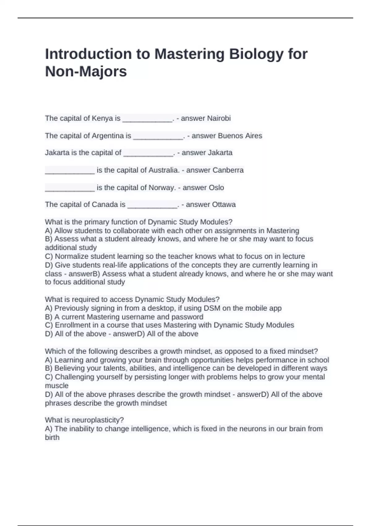 Introduction to Mastering Biology for Non-Majors Questions and Answers ...
