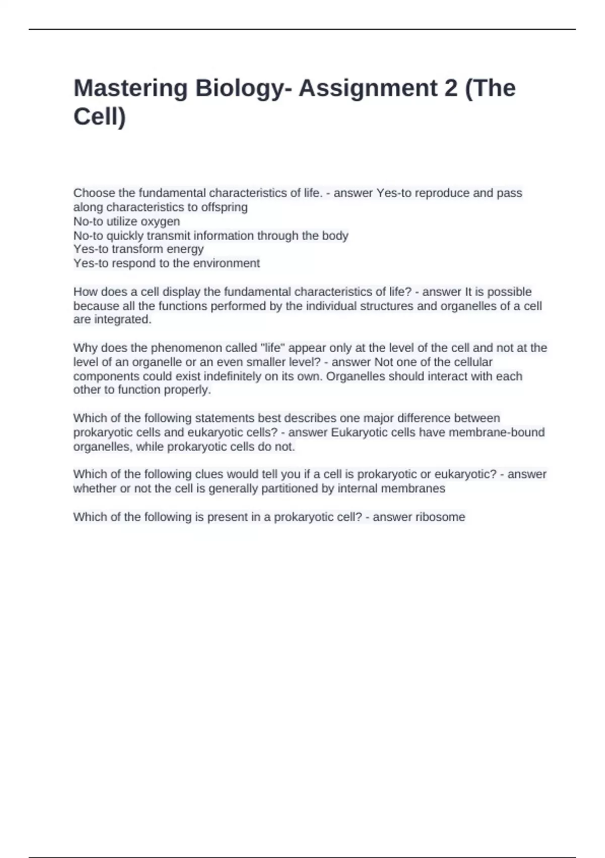 Mastering Biology- Assignment 2 (The Cell) Questions and Answers 100% ...