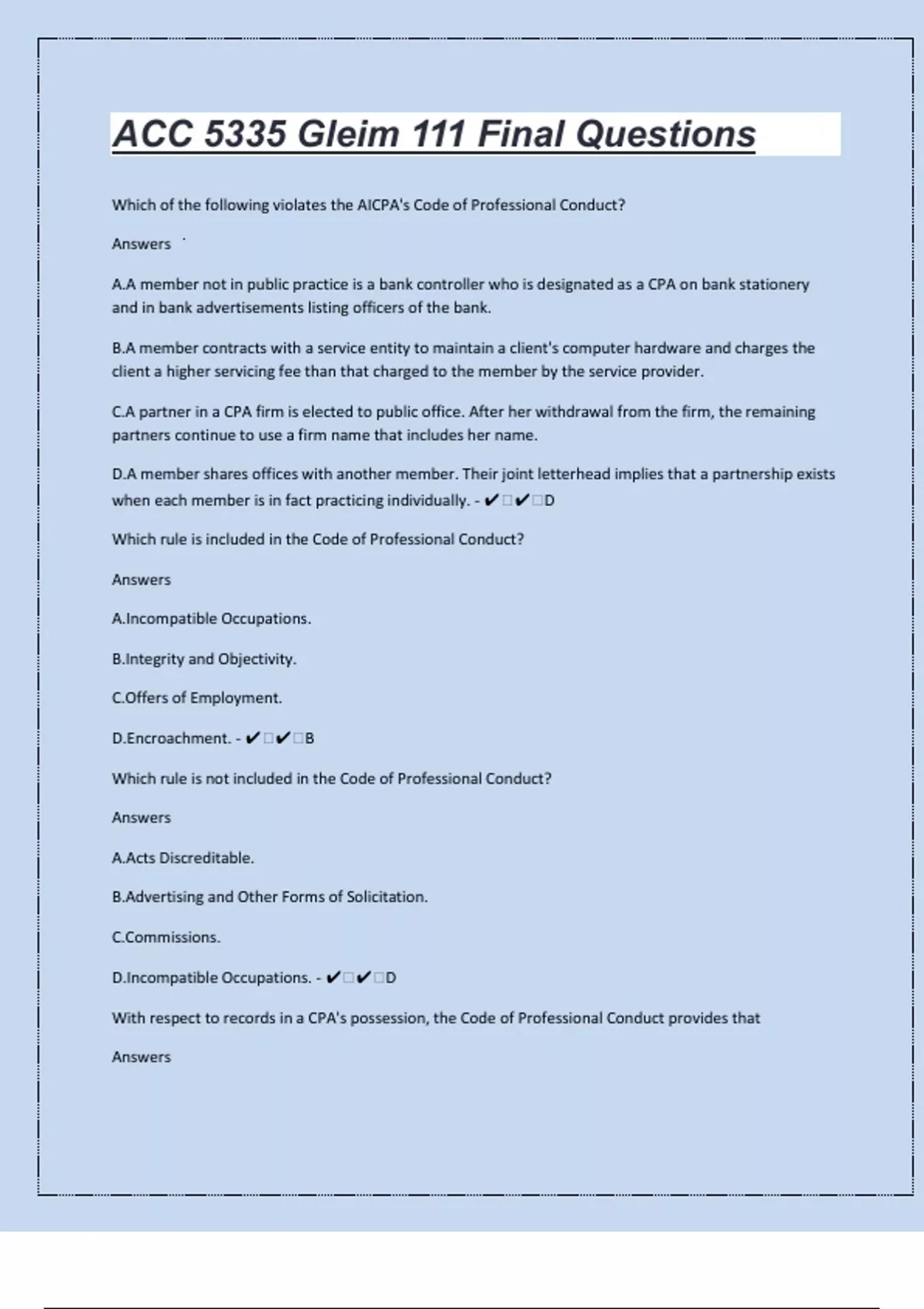 ACC 5335 Gleim 111 Final Questions With Correct And Complete Answers|33 ...