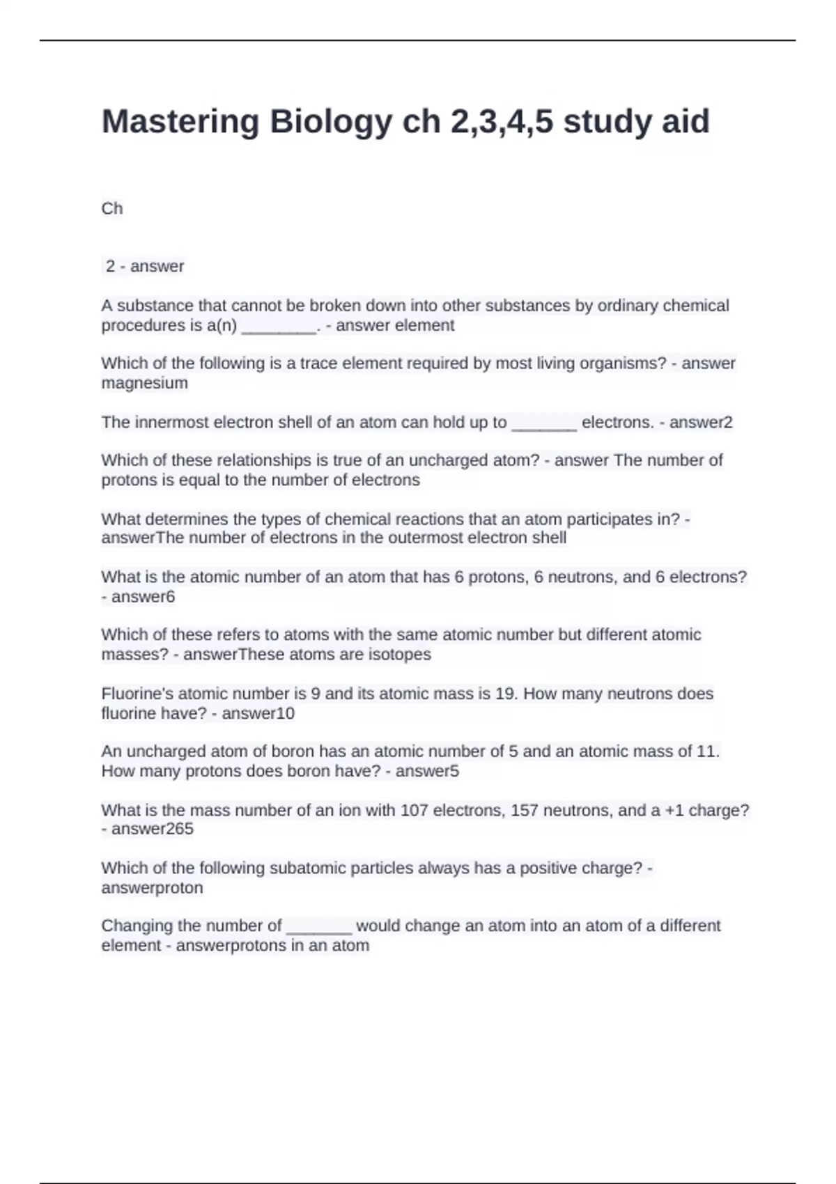 Mastering Biology ch 2,3,4,5 study aid Questions and Answers 100% ...