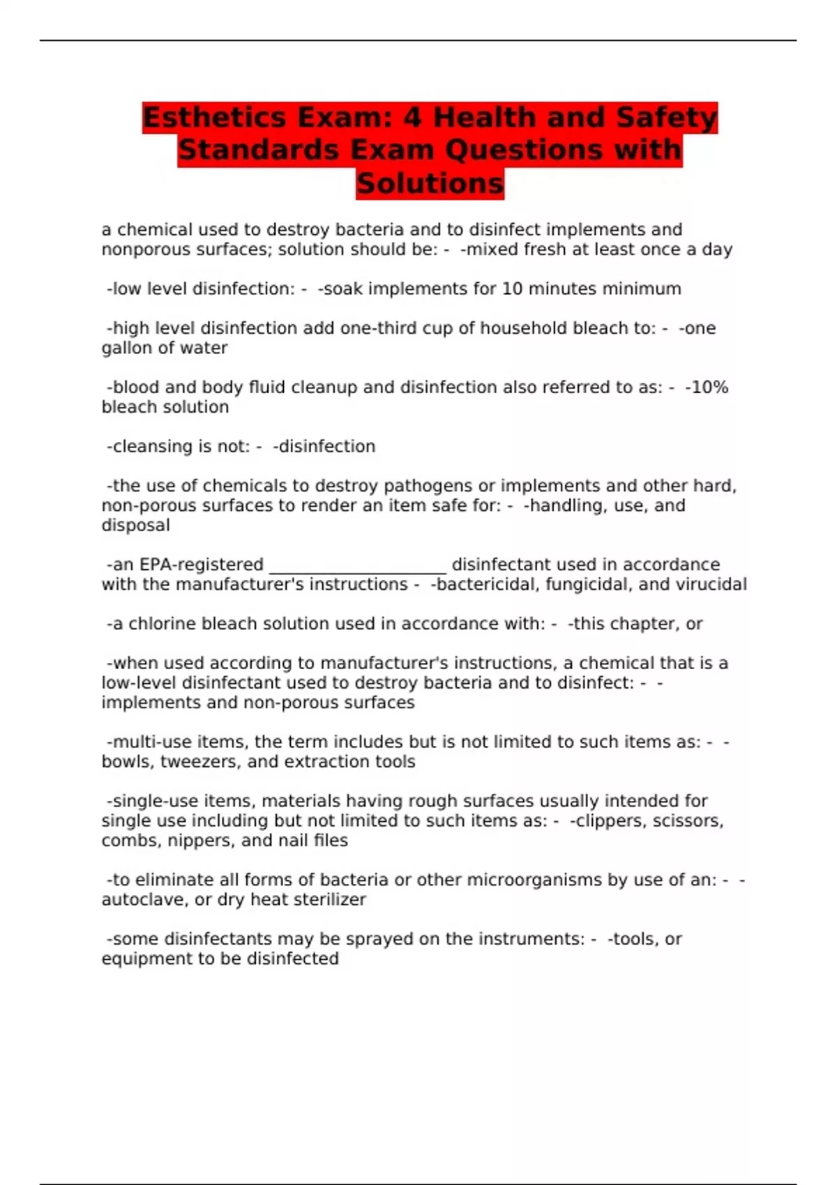 Esthetics Exam: 4 Health and Safety Standards Exam Questions with ...