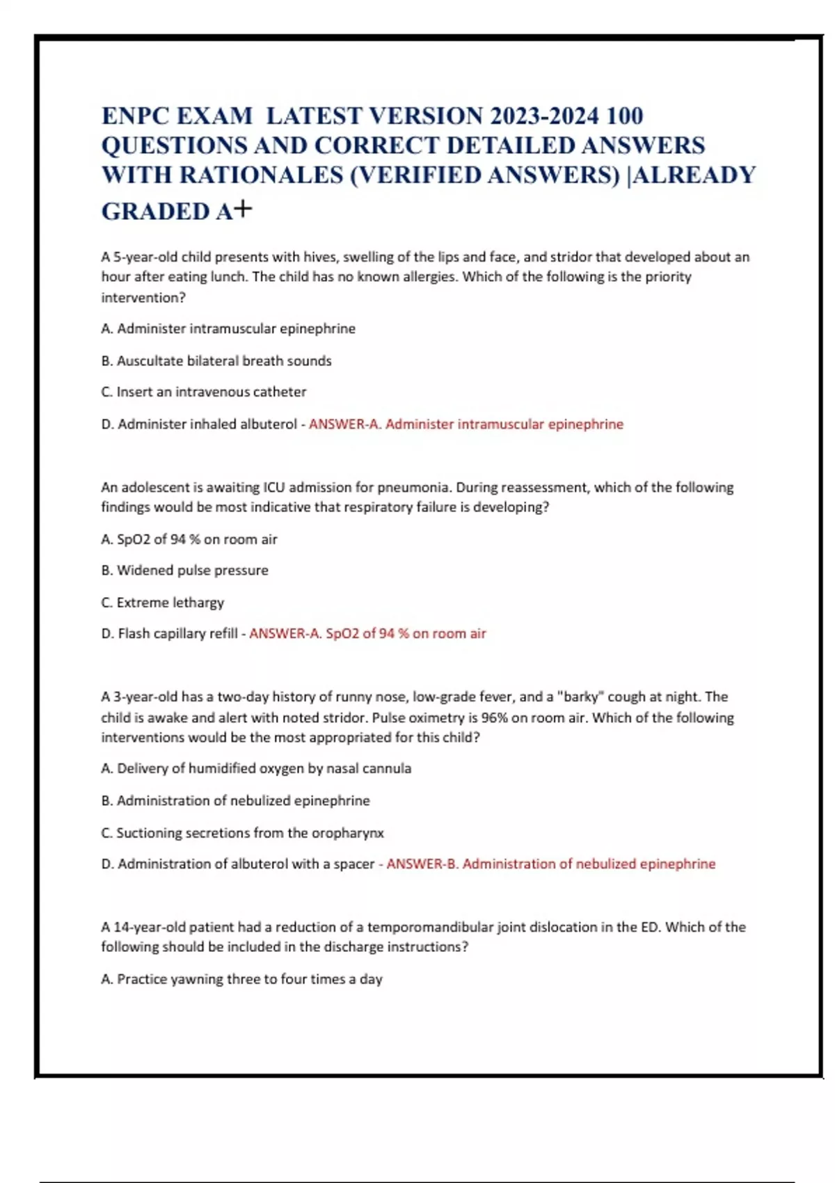 ENPC EXAM LATEST VERSION QUESTIONS AND CORRECT DETAILED ANSWERS WITH ...