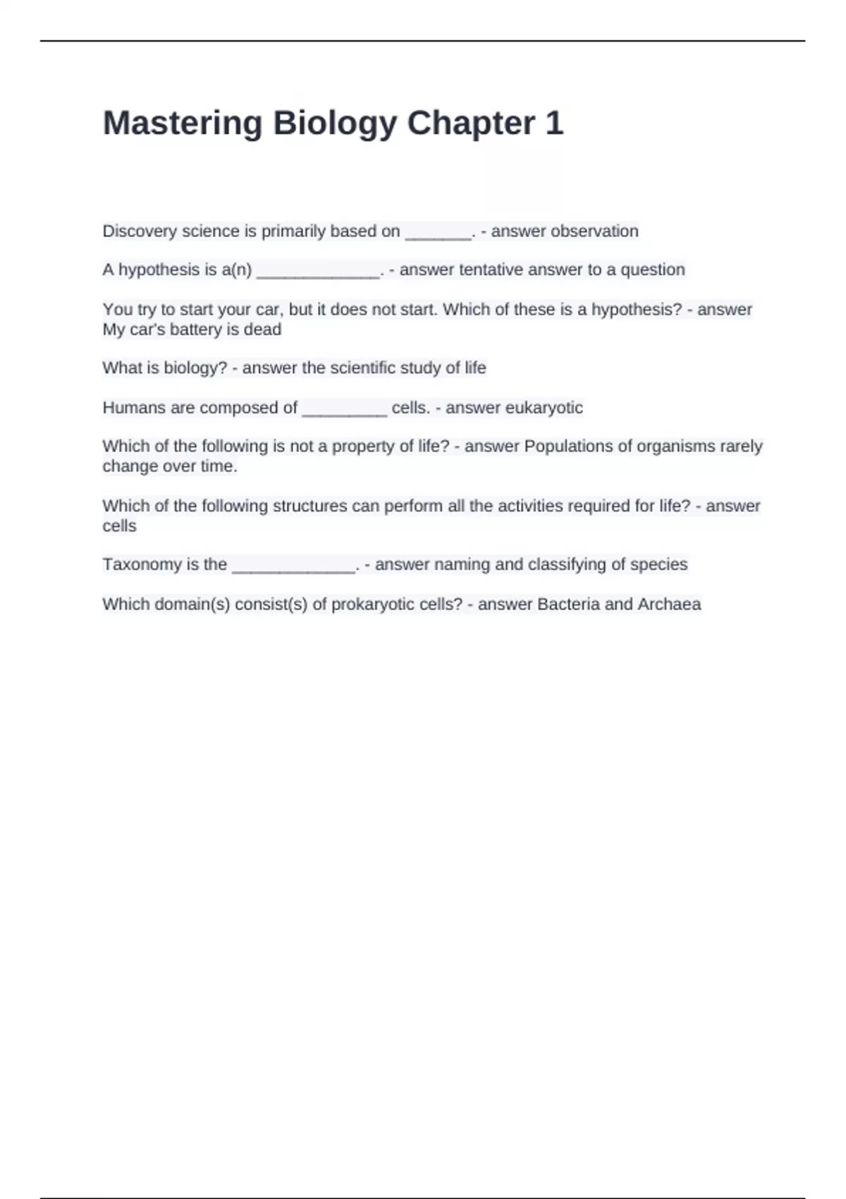 Mastering Biology Chapter 1 Questions and Answers 2024 - Mastering ...