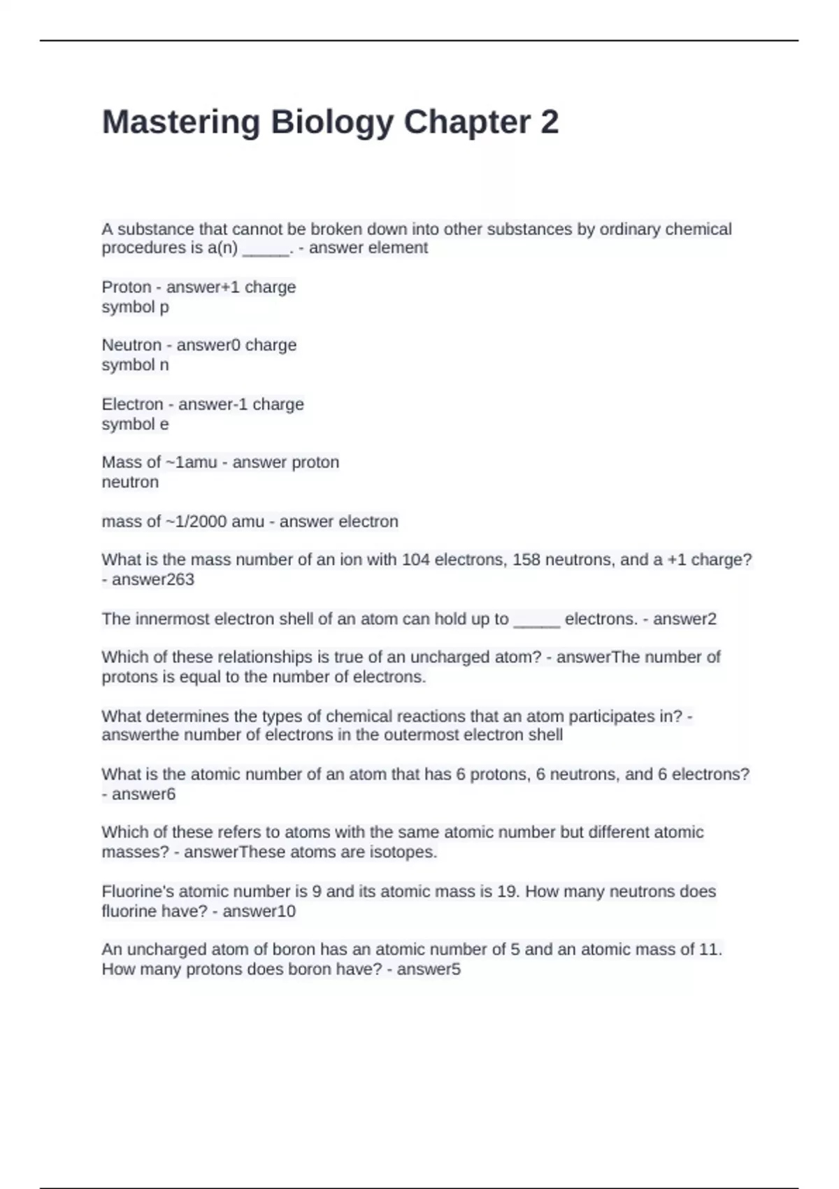 Mastering Biology Chapter 2 Questions with Solutions 2024 - Mastering ...