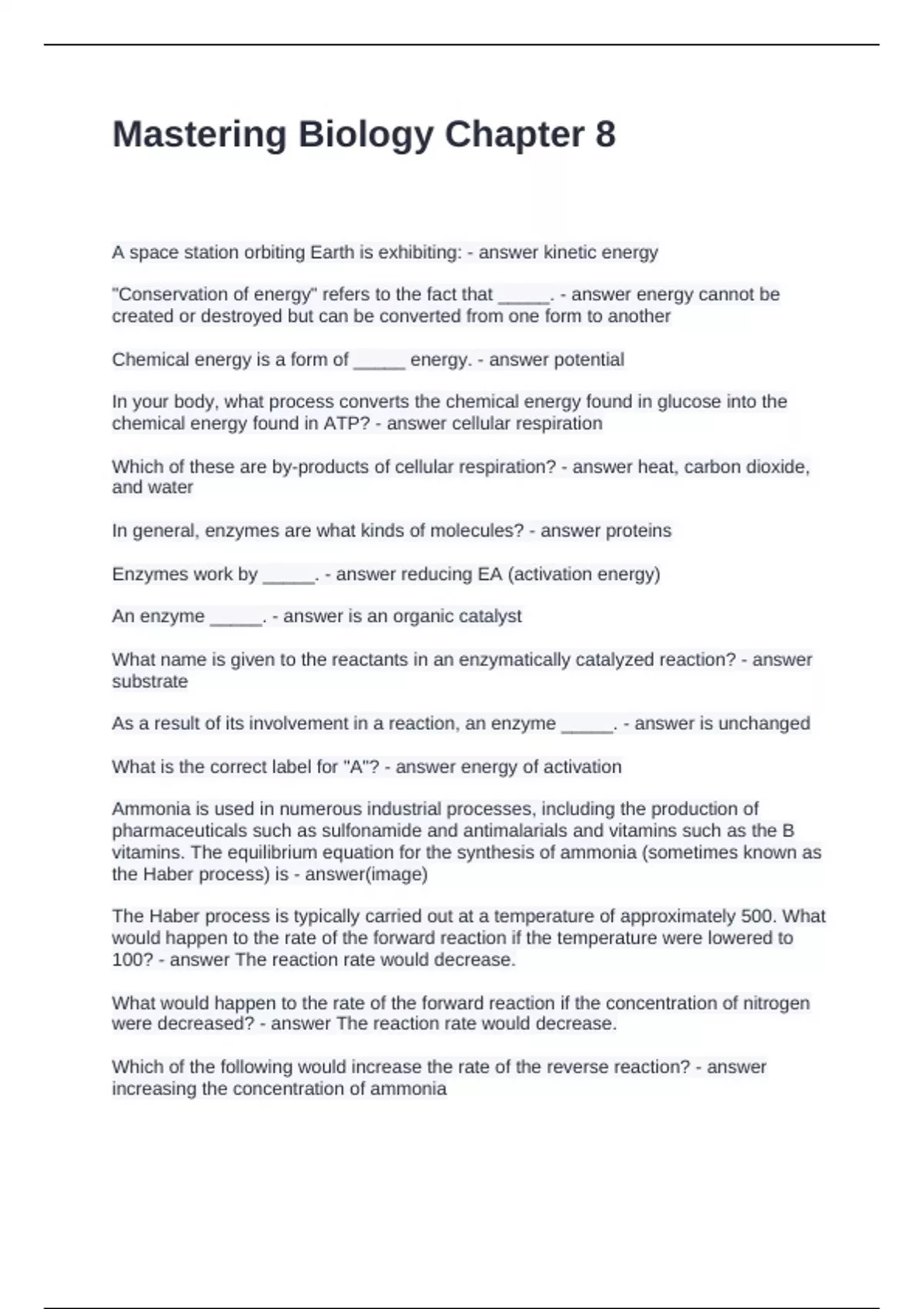 Mastering Biology Chapter 8 Questions and Answers 100% Solved - Mastering Biology - Stuvia US