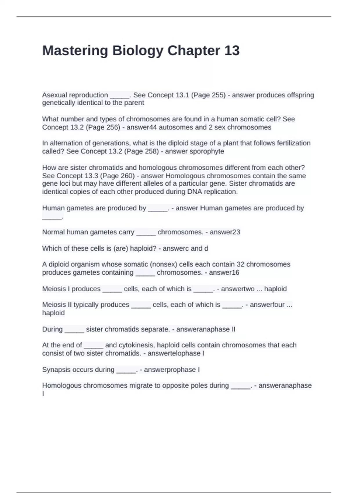 Mastering Biology Chapter 13 Questions and Answers 2024 - Mastering ...