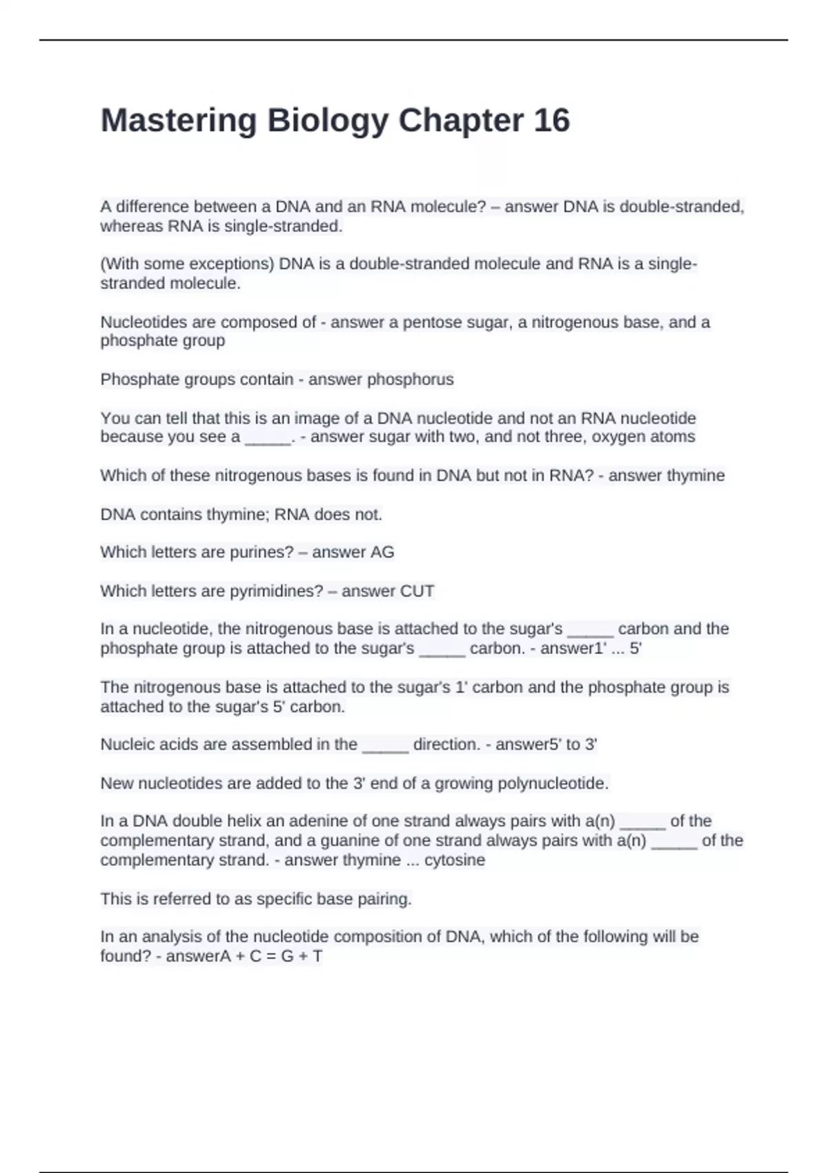 Mastering Biology Chapter 16 Questions and Answers 100% Correct ...