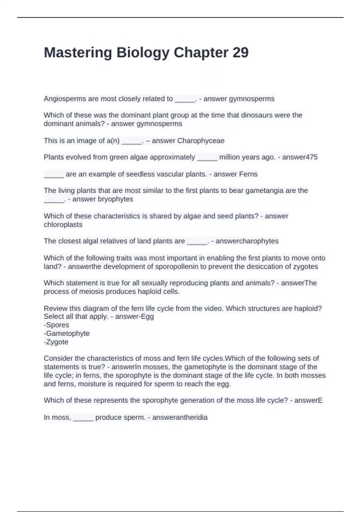 Mastering Biology Chapter 29 Questions and Answers - Mastering Biology ...