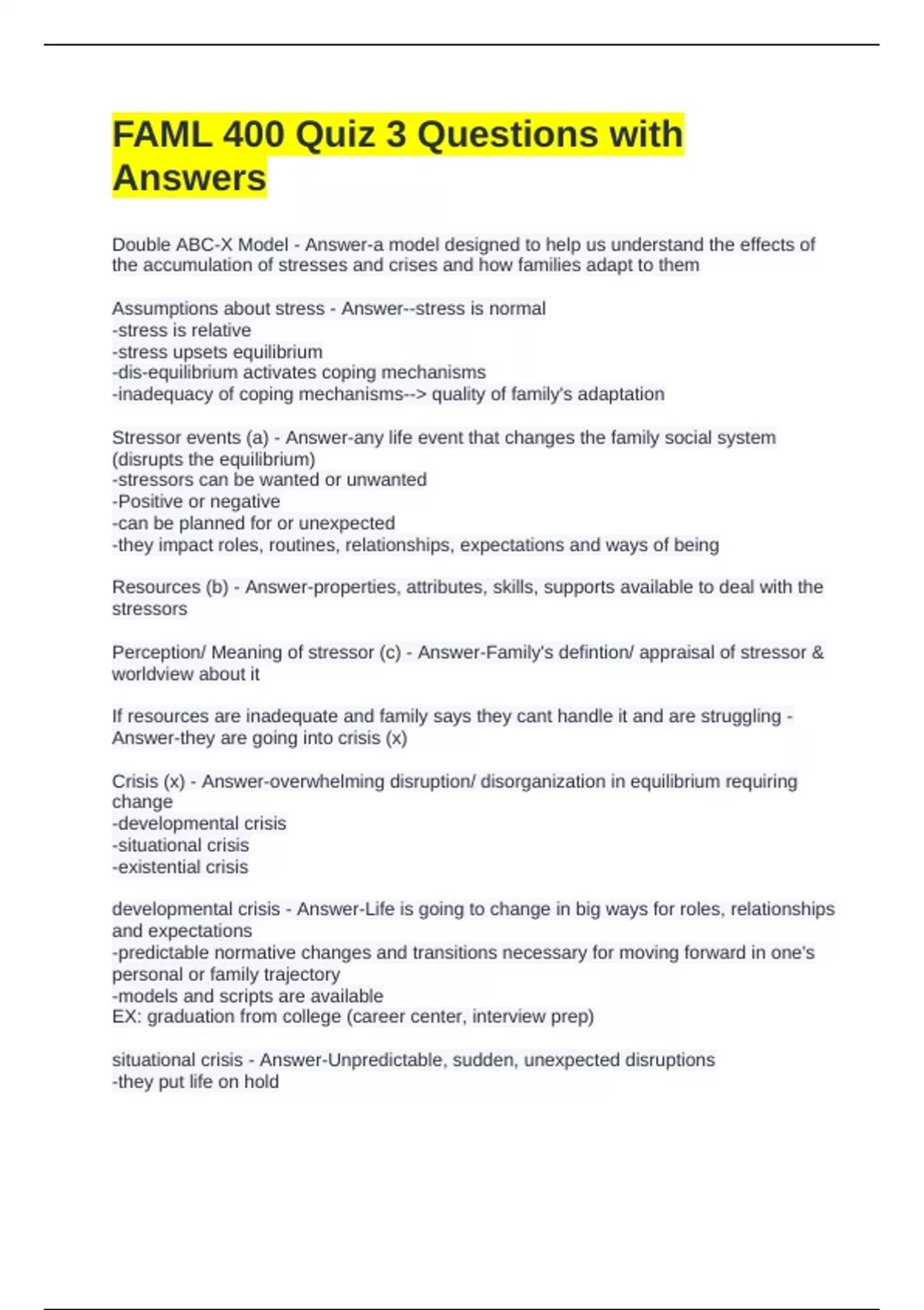 FAML 400 Quiz 3 Questions with Answers - FAML 400 - Stuvia US