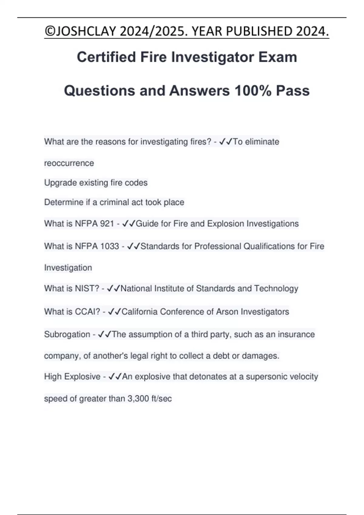 Certified Fire Investigator Exam Questions and Answers 100% Pass - Fire ...
