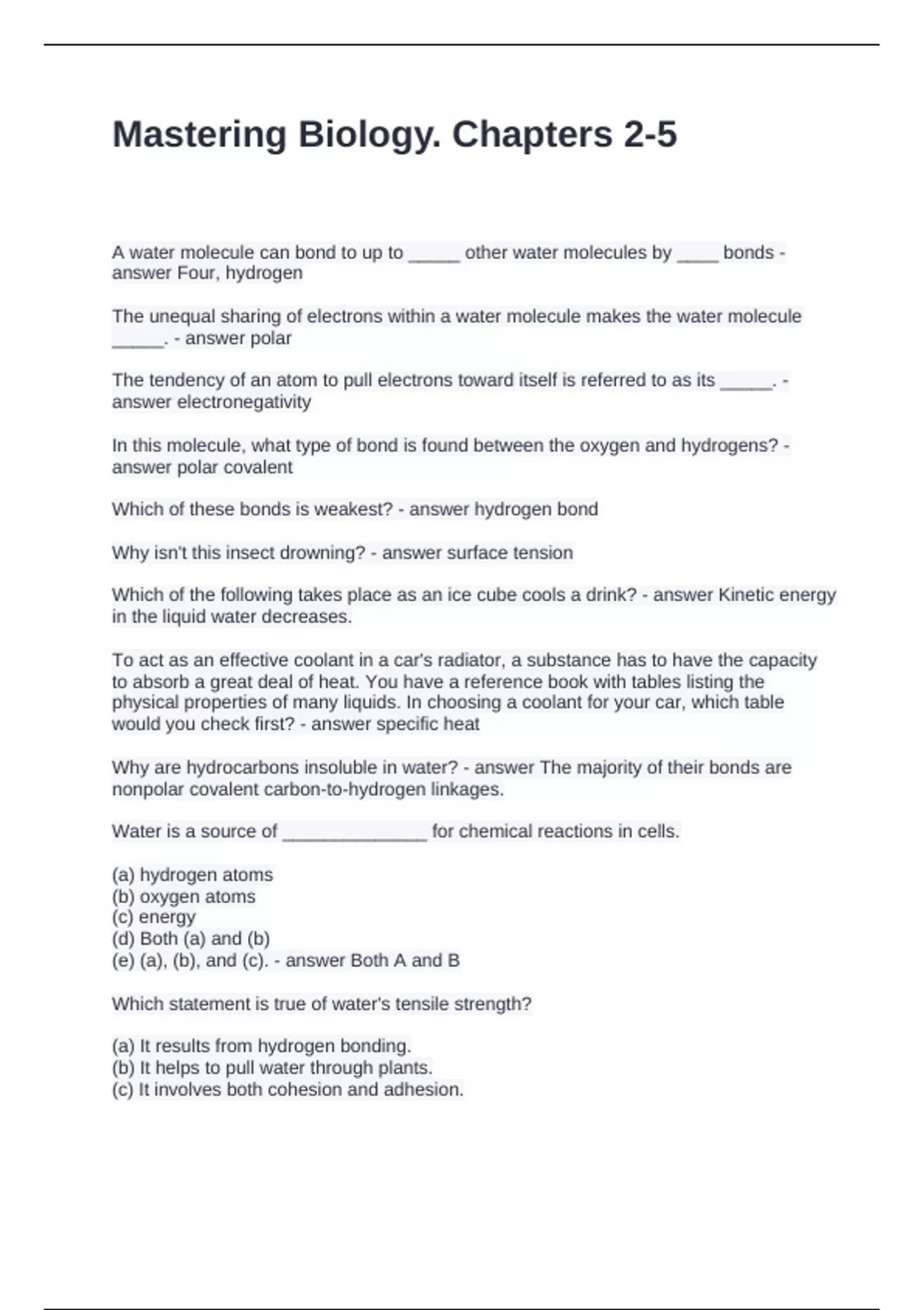 Mastering Biology. Chapters 2-5 Questions with correct Answers ...