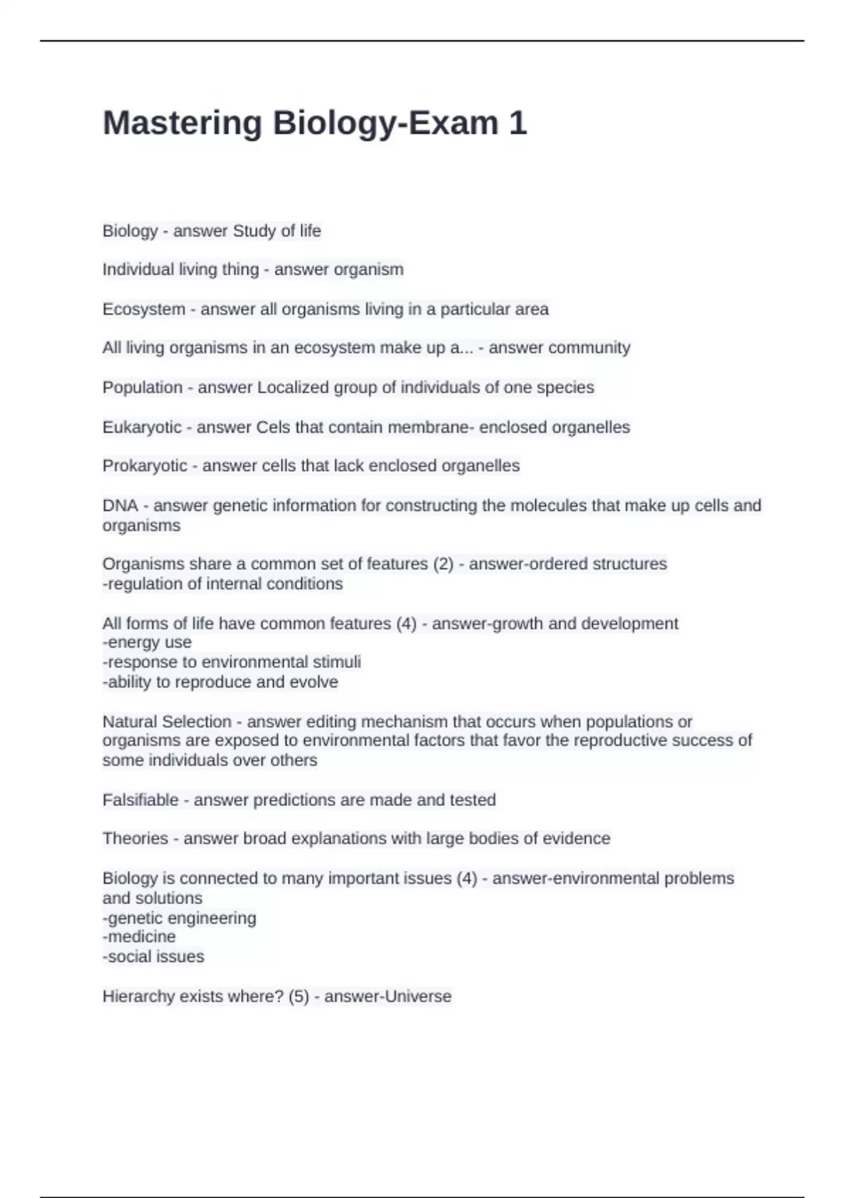 Mastering Biology-Exam 1 Questions and Answers - Mastering Biology ...