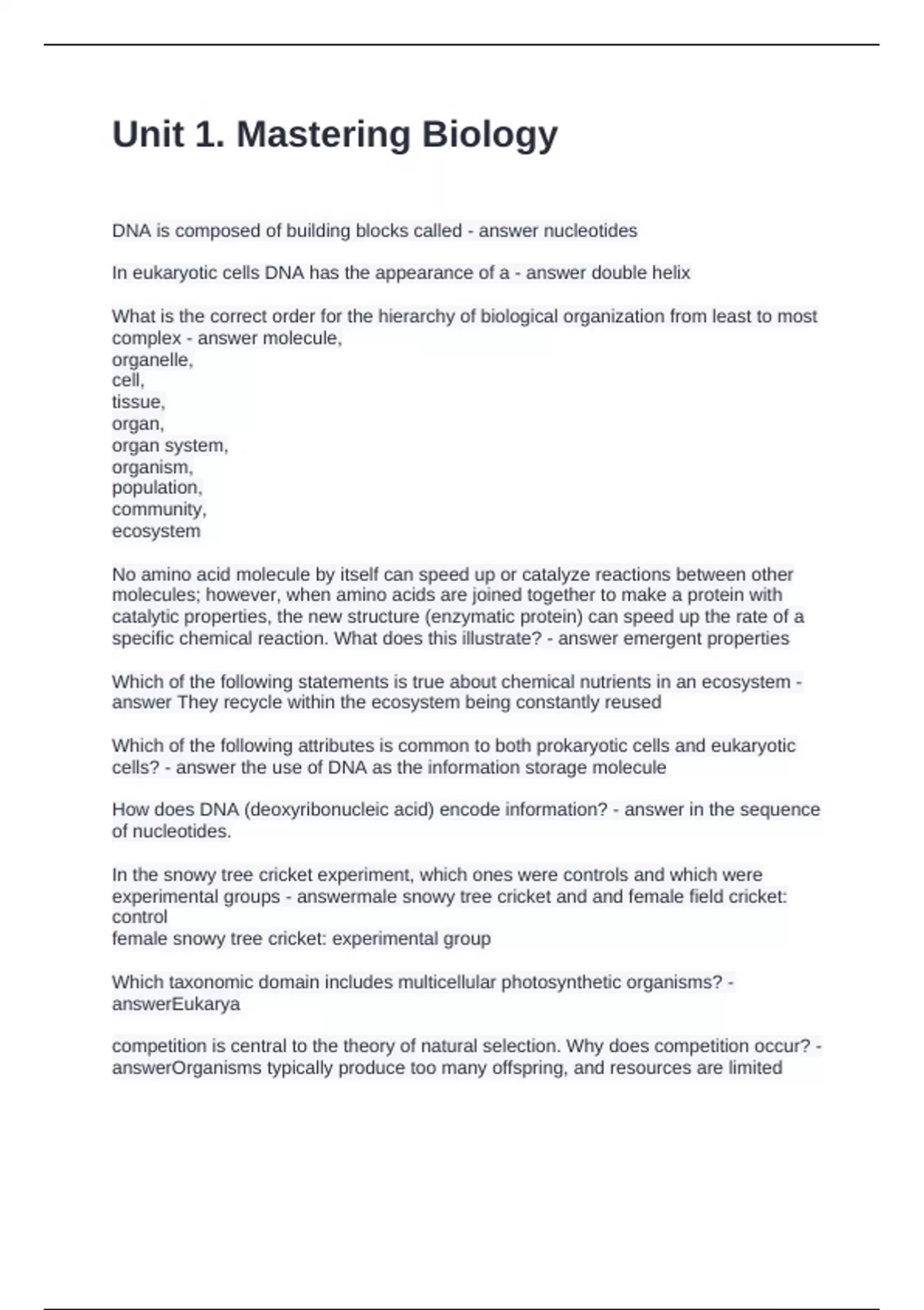 Unit 1. Mastering Biology Questions and Answers 100% Solved - Mastering ...