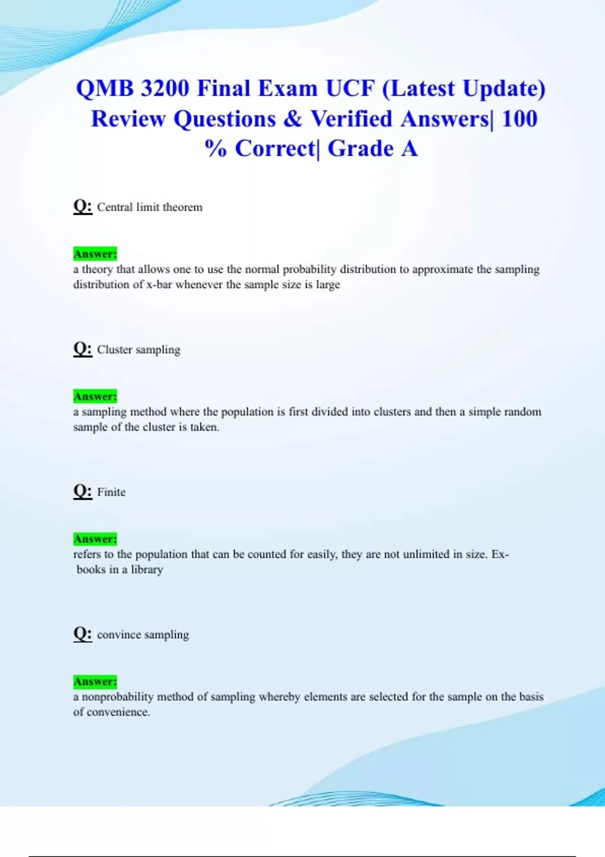 QMB 3200 Final Exam UCF (Latest 2024/ 2025 Update) Review Questions ...