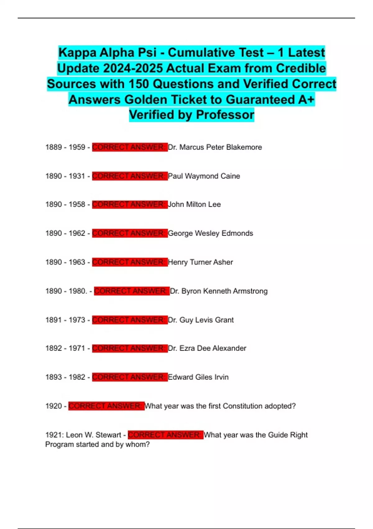 Kappa Alpha Psi - Cumulative Test – 1 Latest Update Actual Exam from ...