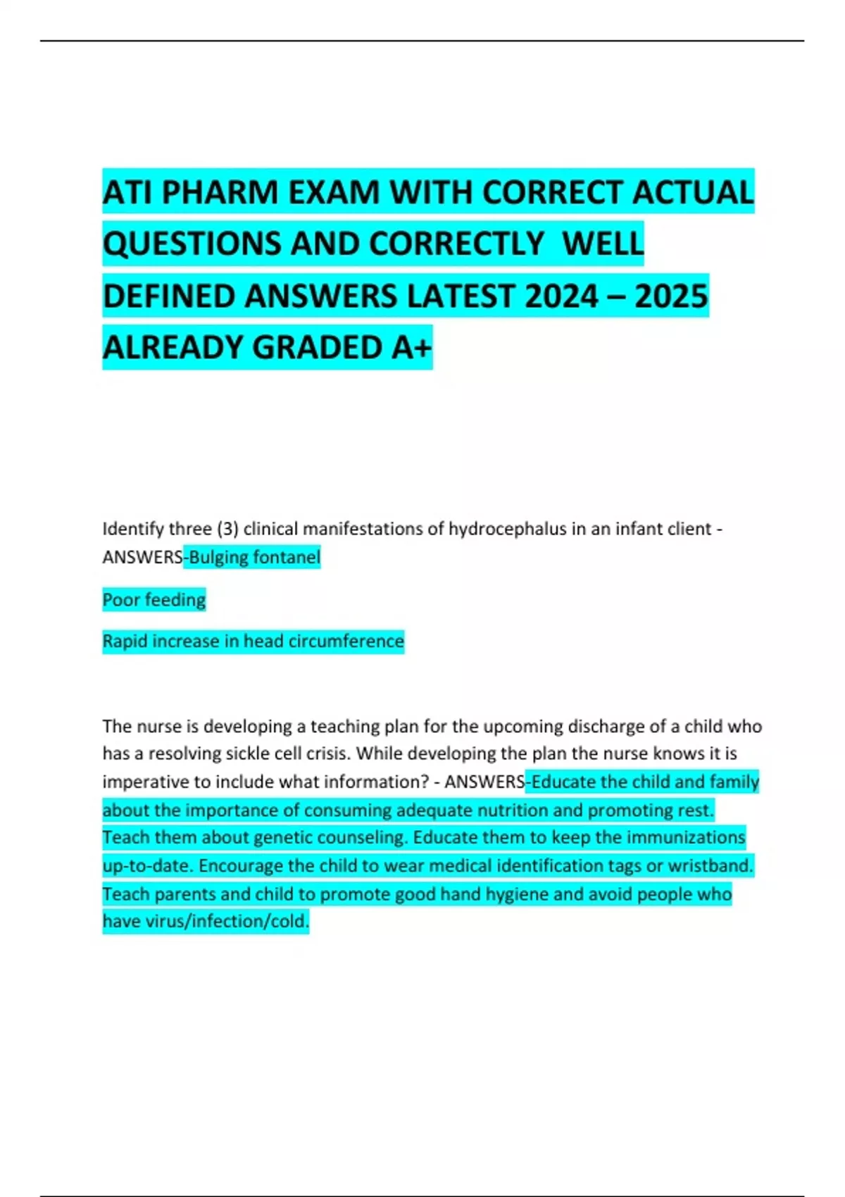 ATI PHARM EXAM WITH CORRECT ACTUAL QUESTIONS AND CORRECTLY WELL DEFINED ...