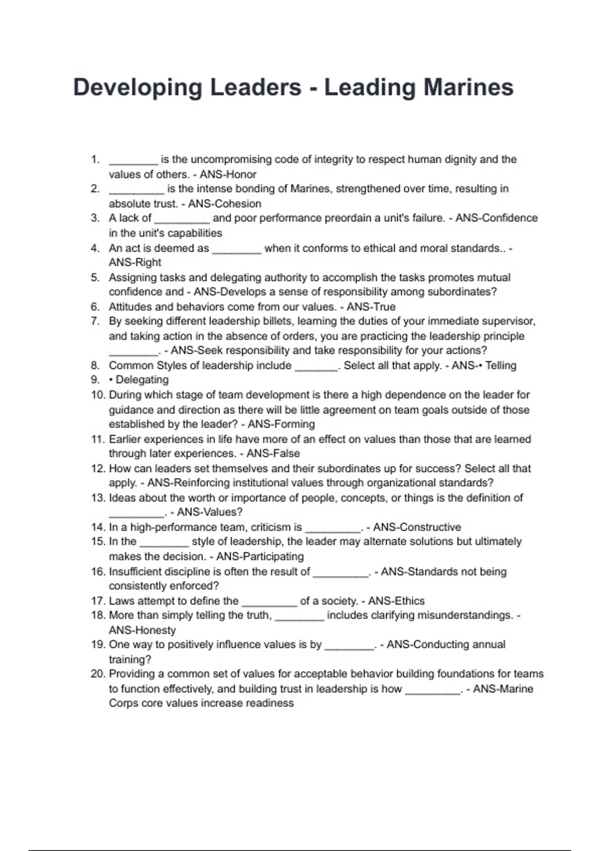 Developing Leaders - Leading Marines Questions and Revised Correct ...