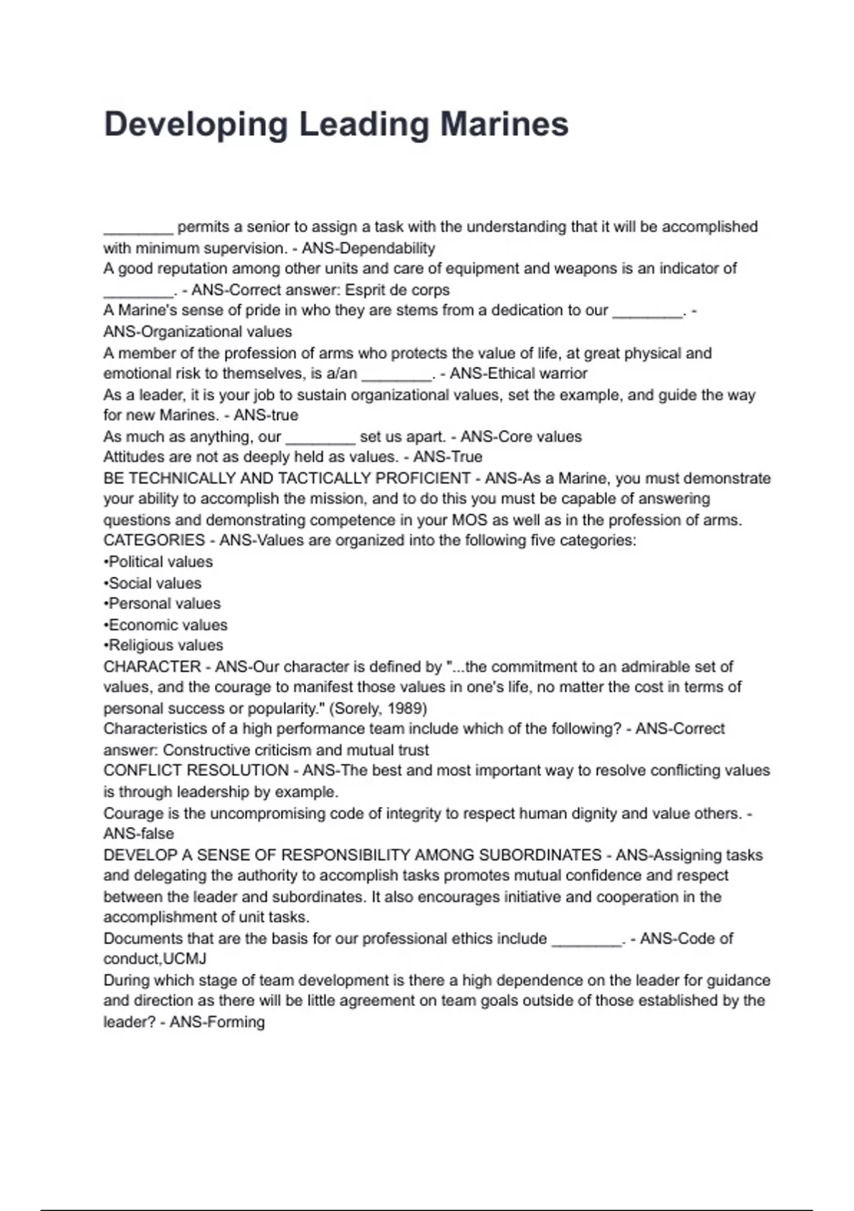 Developing Leading Marines Questions and Revised Correct Answers (2025 ...