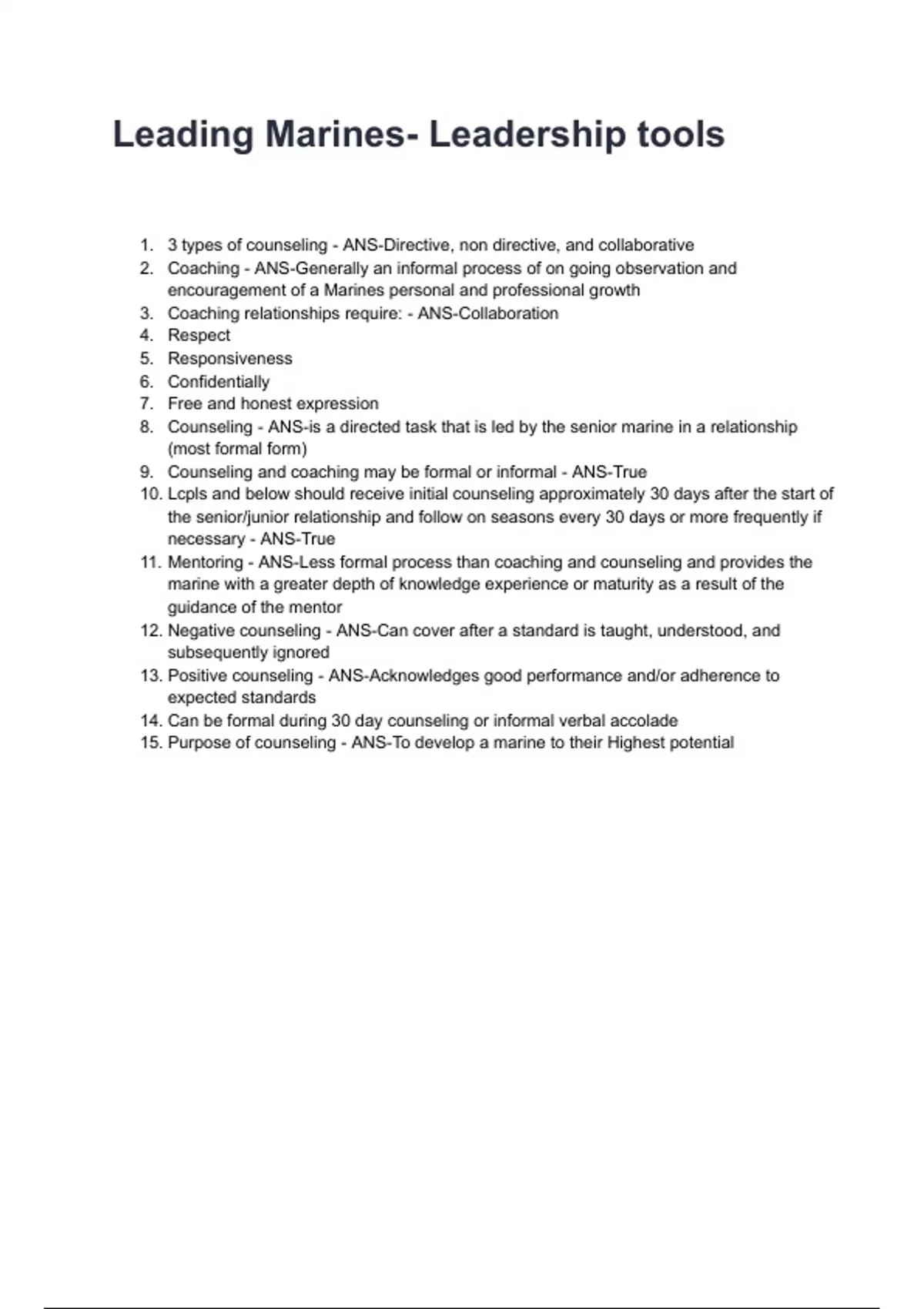 Leading Marines- Leadership tools Questions and Revised Correct Answers ...