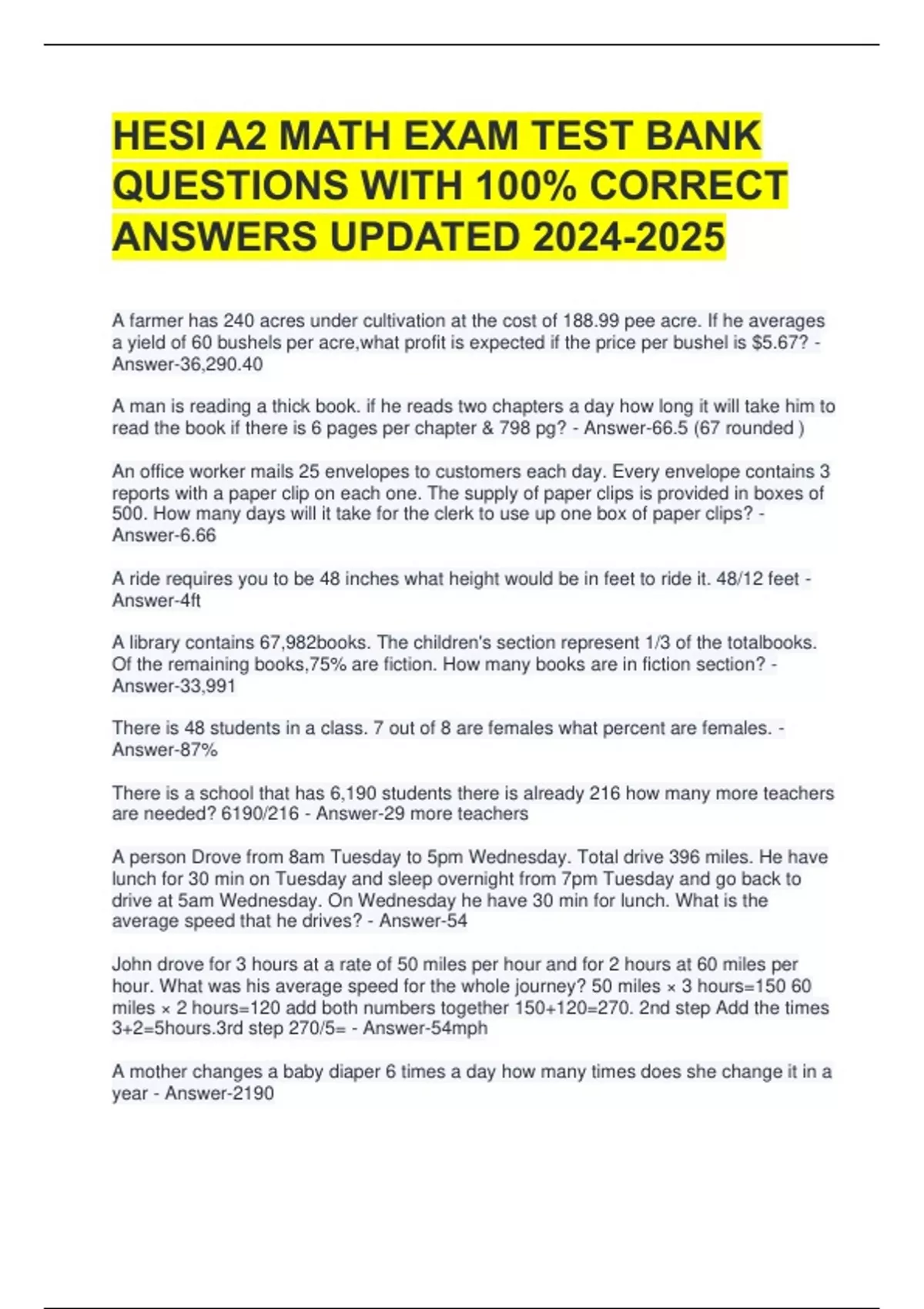 HESI A2 MATH EXAM TEST BANK QUESTIONS WITH 100% CORRECT ANSWERS UPDATED ...