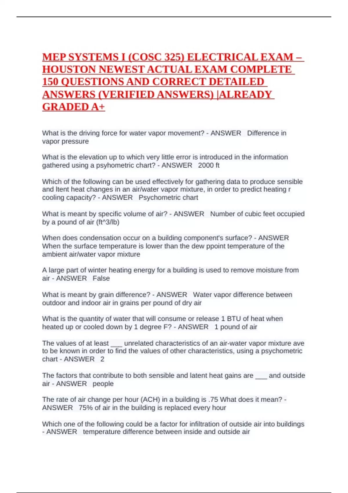 MEP SYSTEMS I (COSC 325) ELECTRICAL EXAM – HOUSTON NEWEST ACTUAL EXAM ...