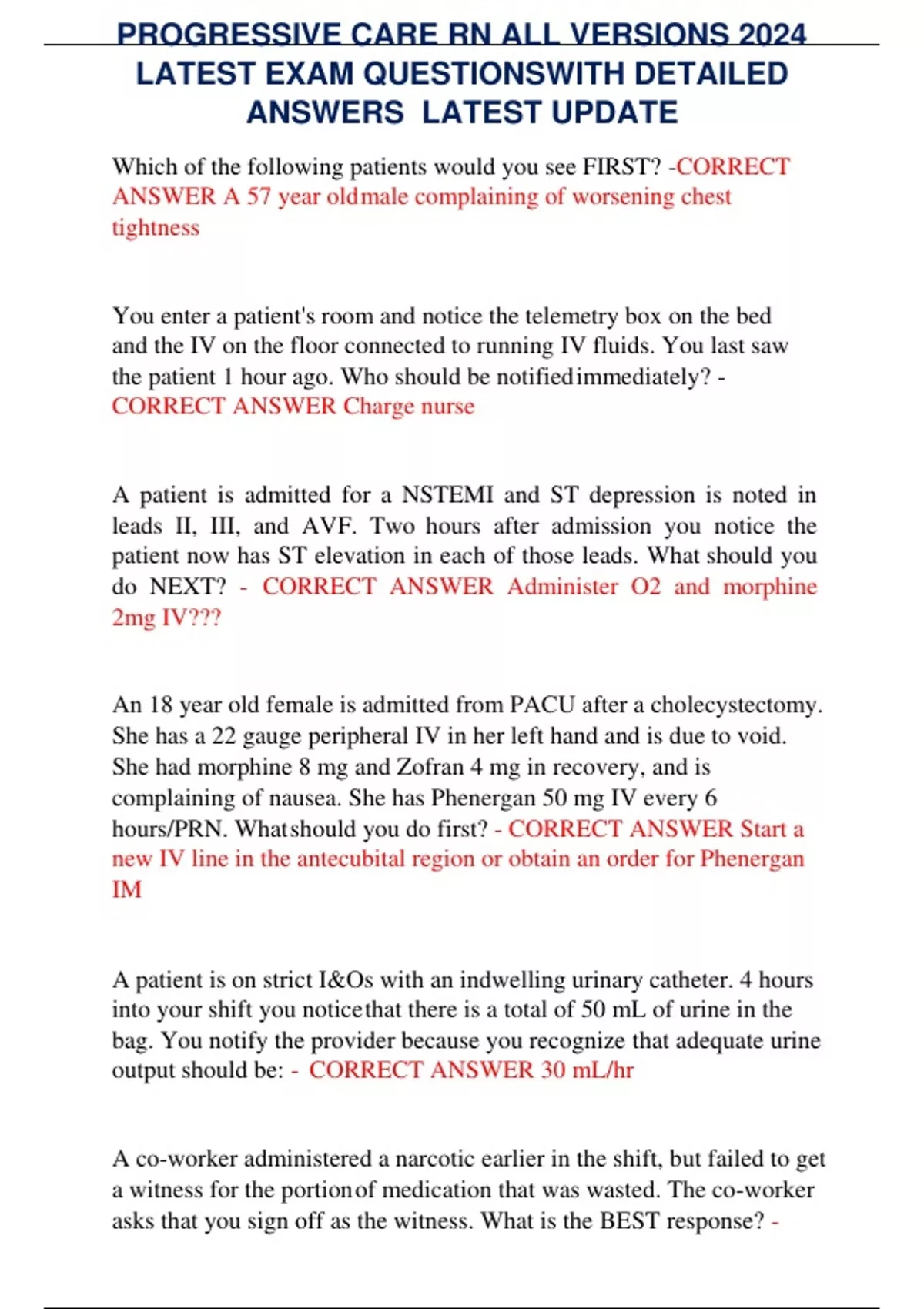 PROGRESSIVE CARE RN ALL VERSIONS 2024 LATEST EXAM QUESTIONS WITH ...