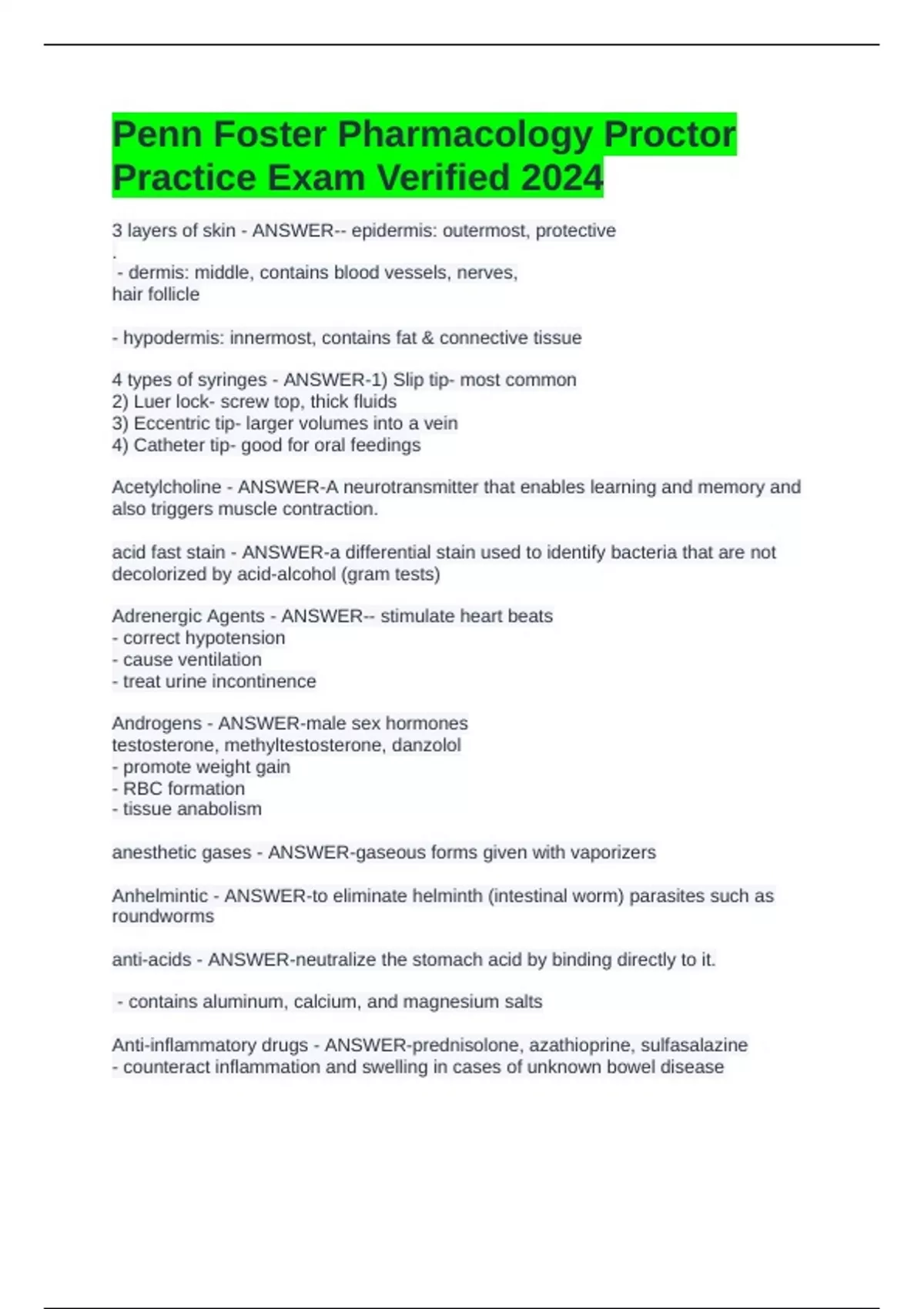 Penn Foster Pharmacology Proctor Practice Exam Verified 2024 - Penn ...