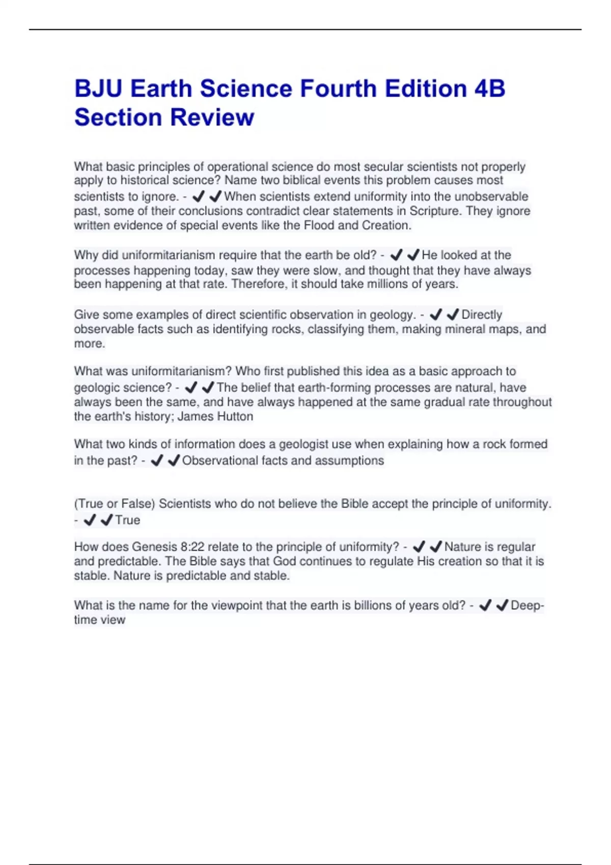 BJU Earth Science Fourth Edition 4B Section Review Questions and Answers 100% Pass - BJU Earth ...