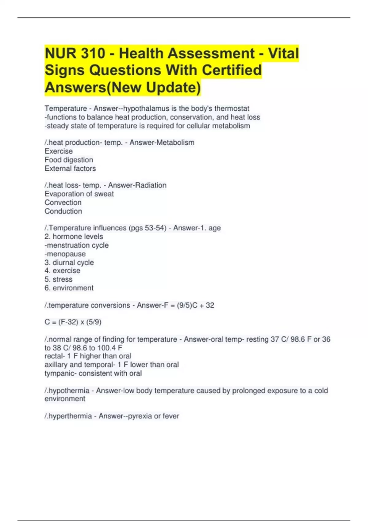 NUR 310 - Health Assessment - Vital Signs Questions With Certified ...