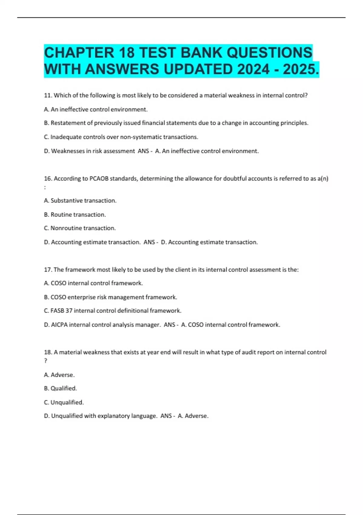 CHAPTER 18 TEST BANK QUESTIONS WITH ANSWERS UPDATED - Managerial ...