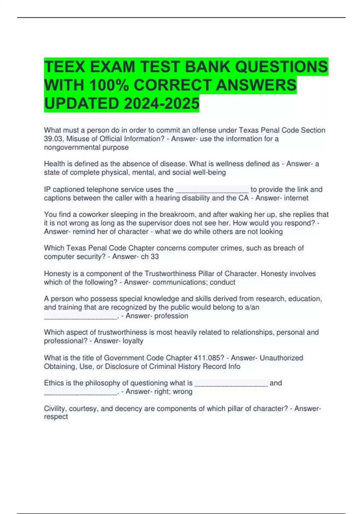 TEEX EXAM TEST BANK QUESTIONS WITH 100% CORRECT ANSWERS UPDATED - TEEX ...